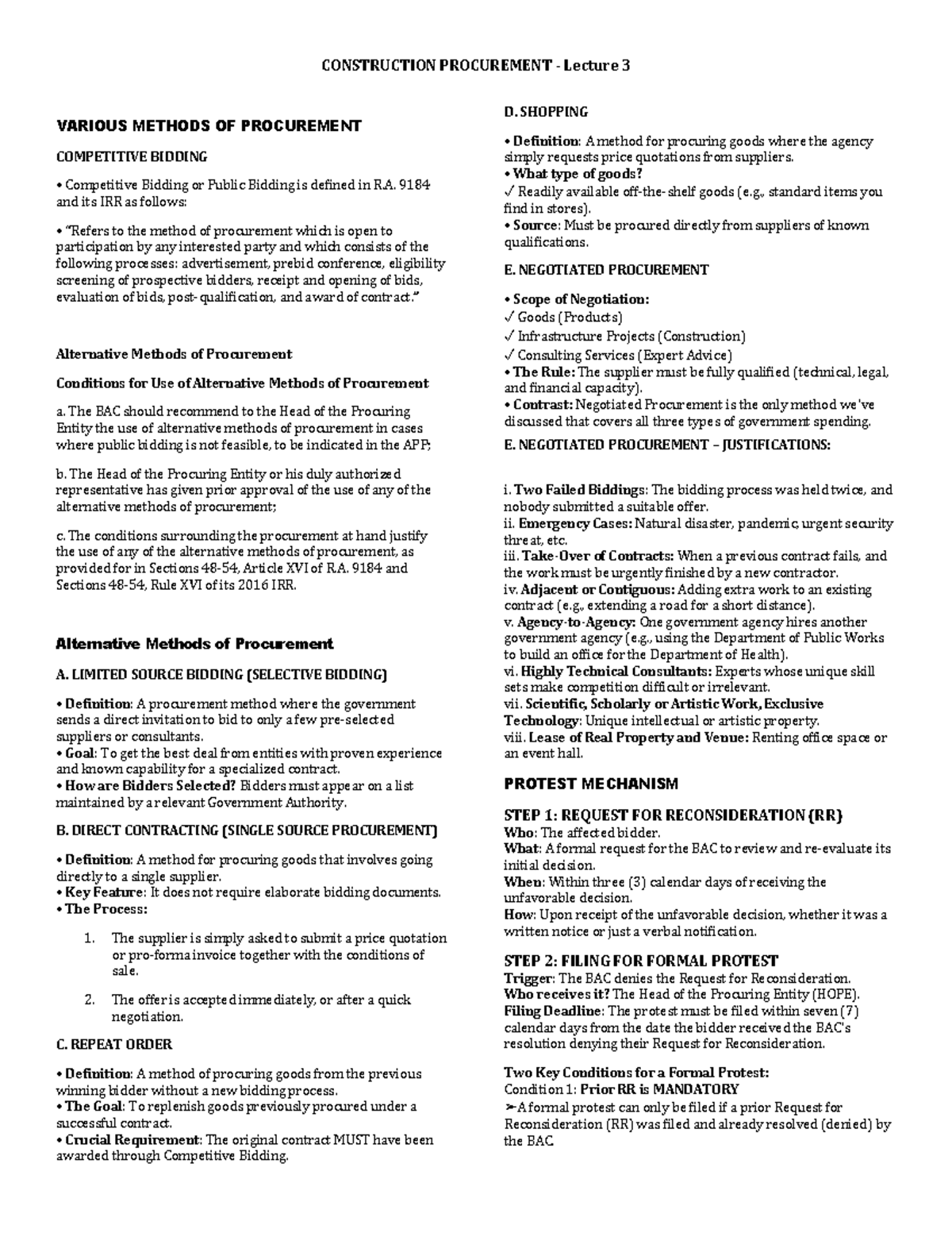 CONSTRUCTION PROCUREMENT Lecture 3: Competitive Bidding Methods - Studocu