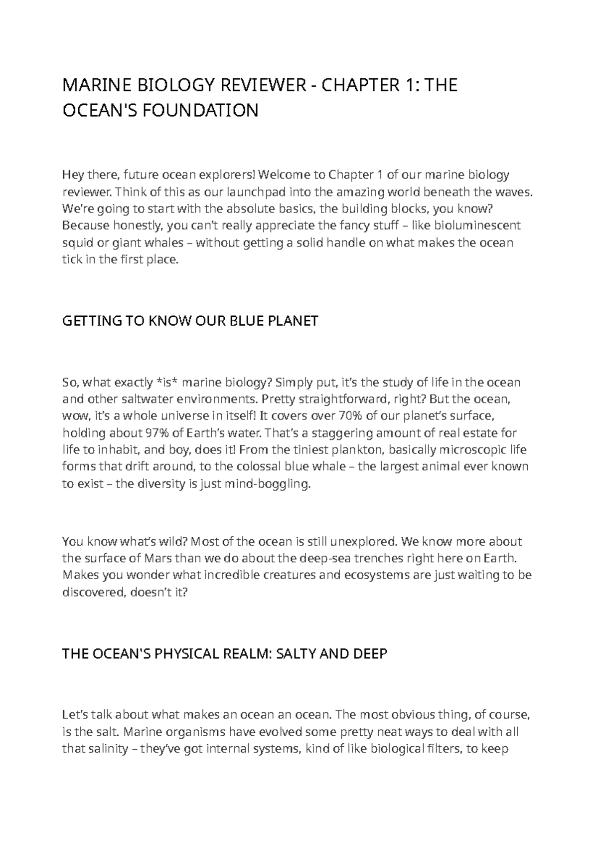 MARINE BIOLOGY REVIEWER CHAPTER 1: OCEAN BASICS AND IMPORTANCE - Studocu