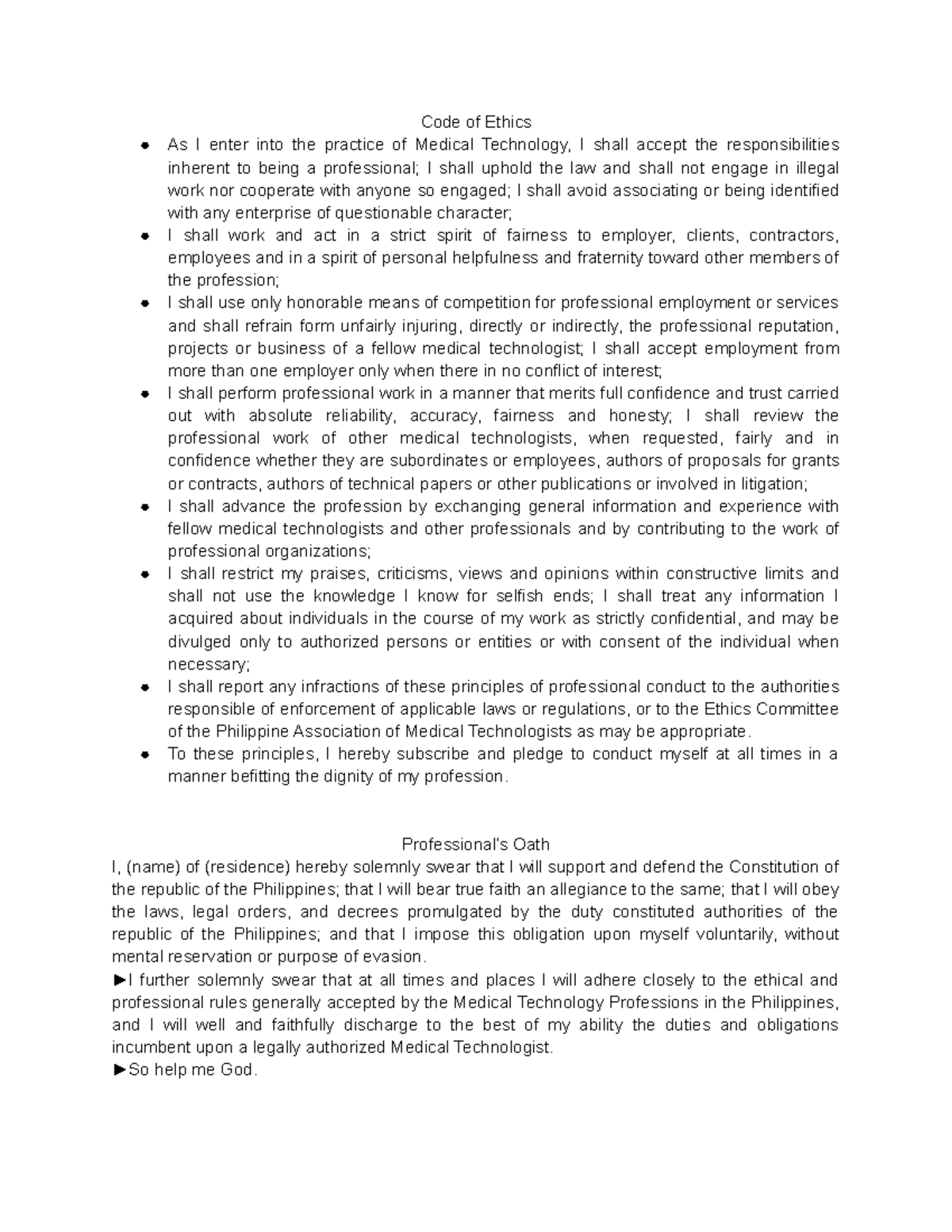 Medtech LAWS- Ethics and Oath in Medical Technology Recitation - Studocu