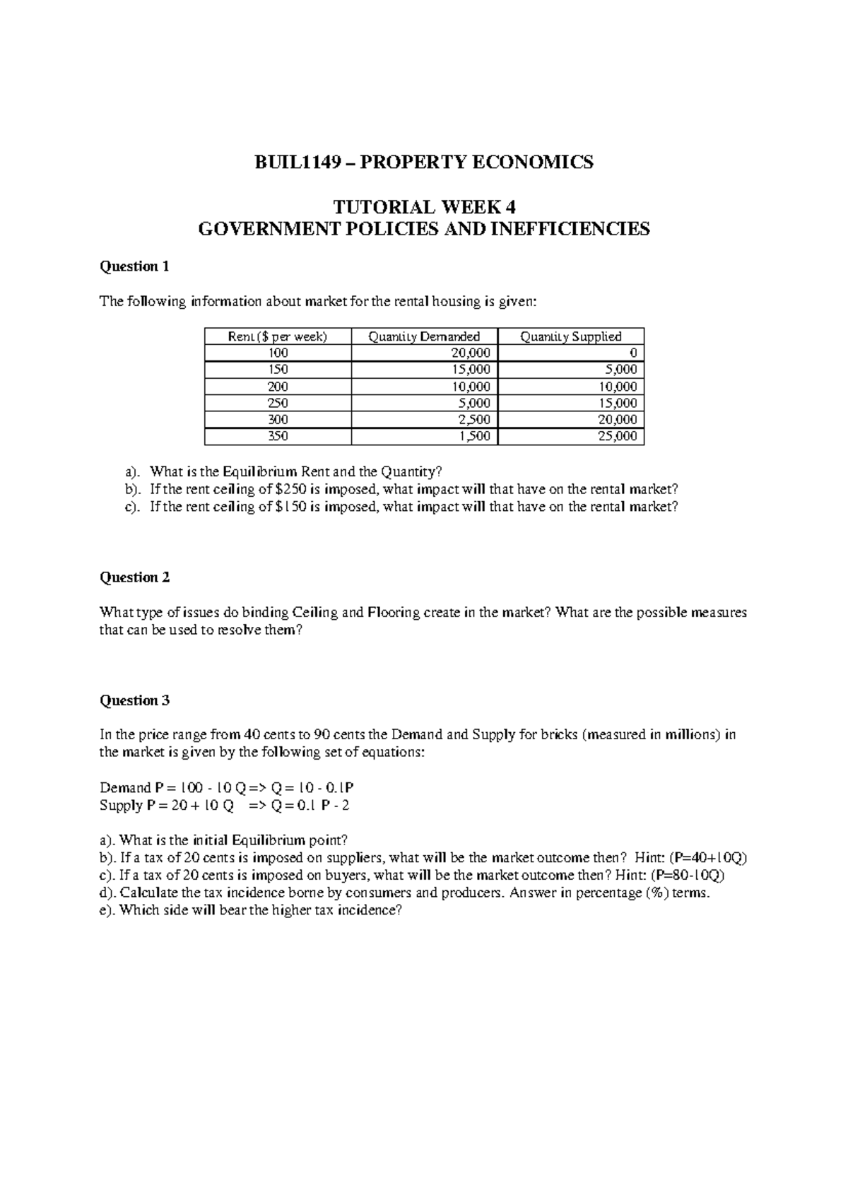 BUIL1149 – Property Economics Tutorial Week 4: Market Analysis ...