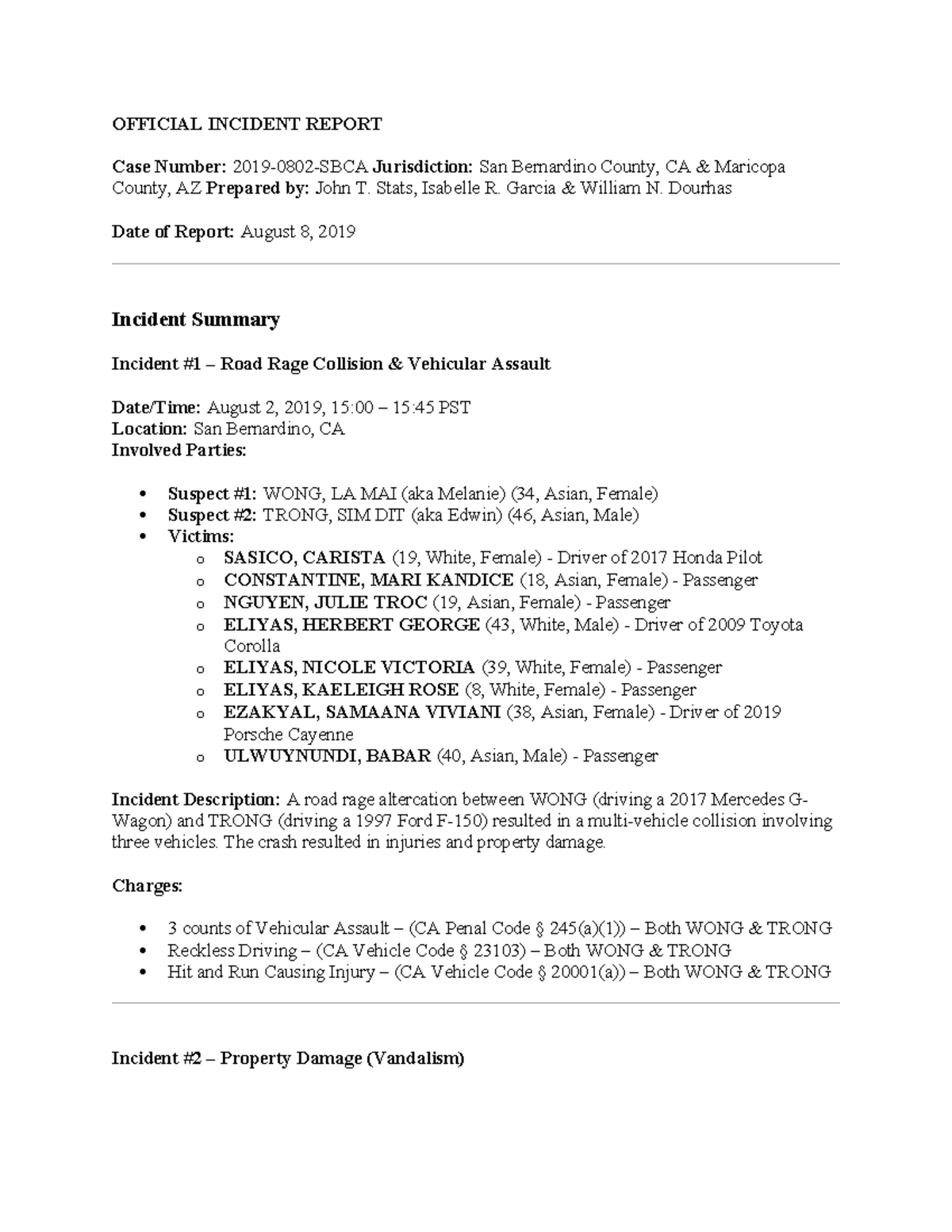 Official Incident Report: Road Rage, Vandalism & Kidnapping Cases - Studocu