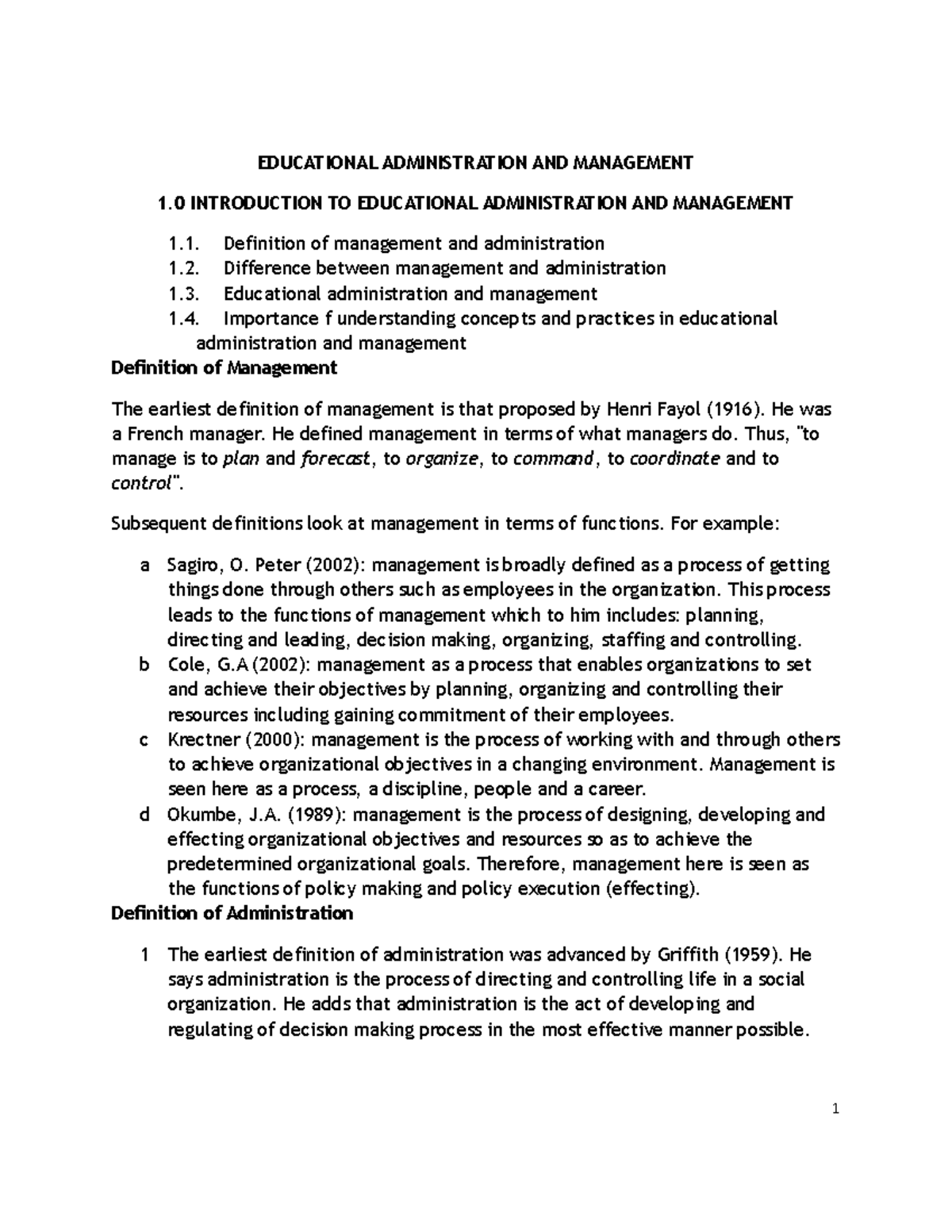 EMP 411 - Educational Administration & Management - Notes Overview 1-4 ...