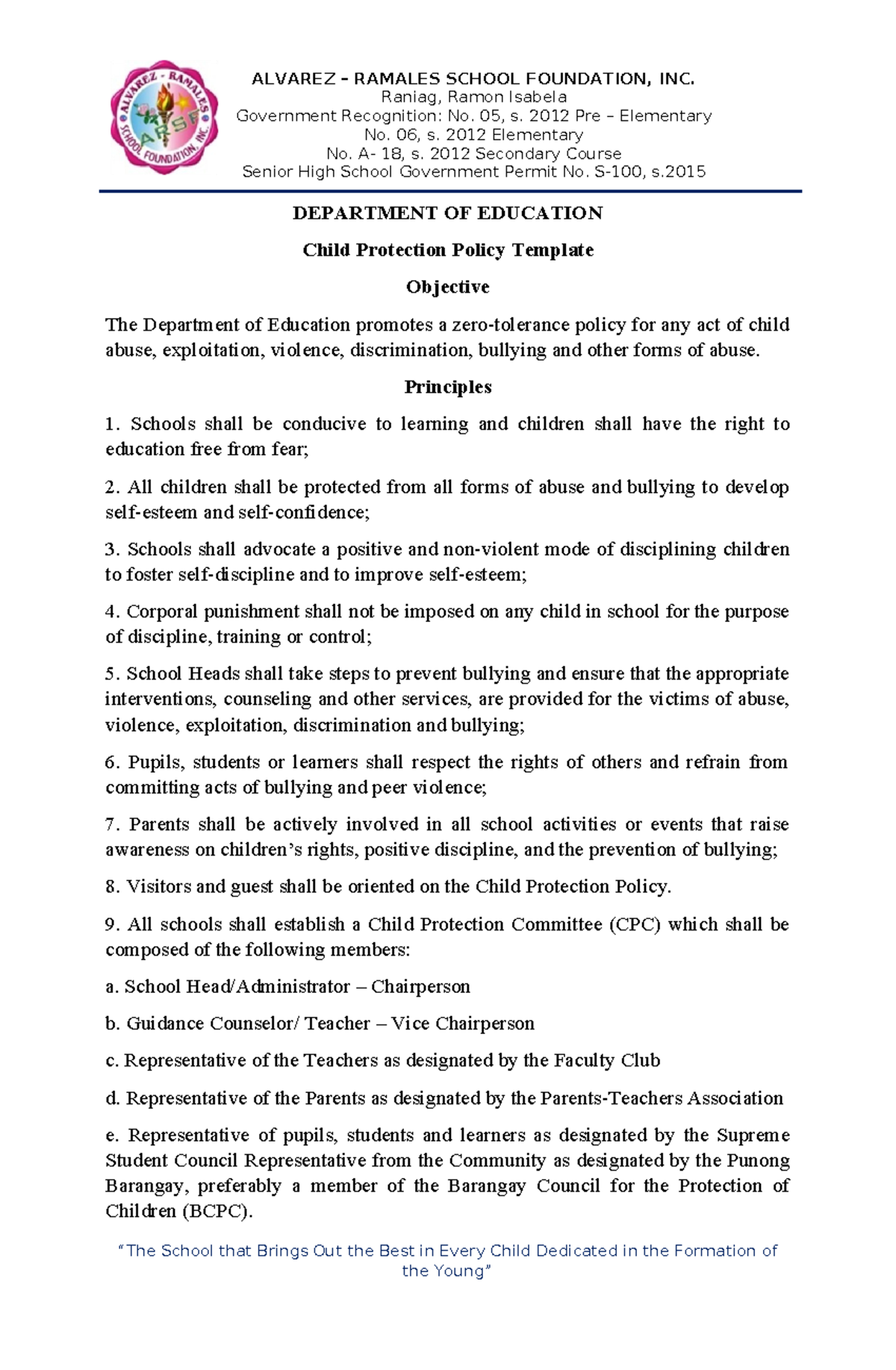 Child Protection Policy Template for DepEd Order No. 40 - Studocu