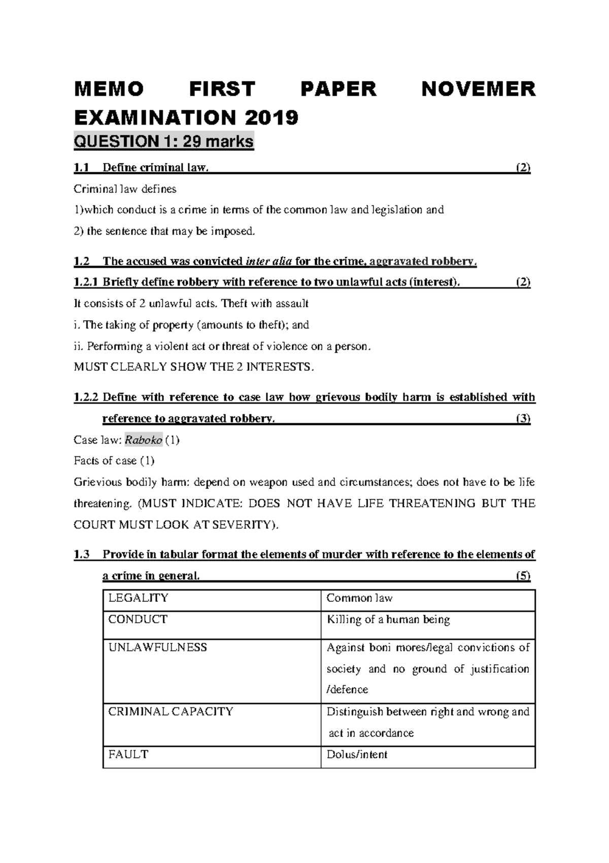First Paper MEMO Examination Notes 2019 on Criminal Law - Studocu