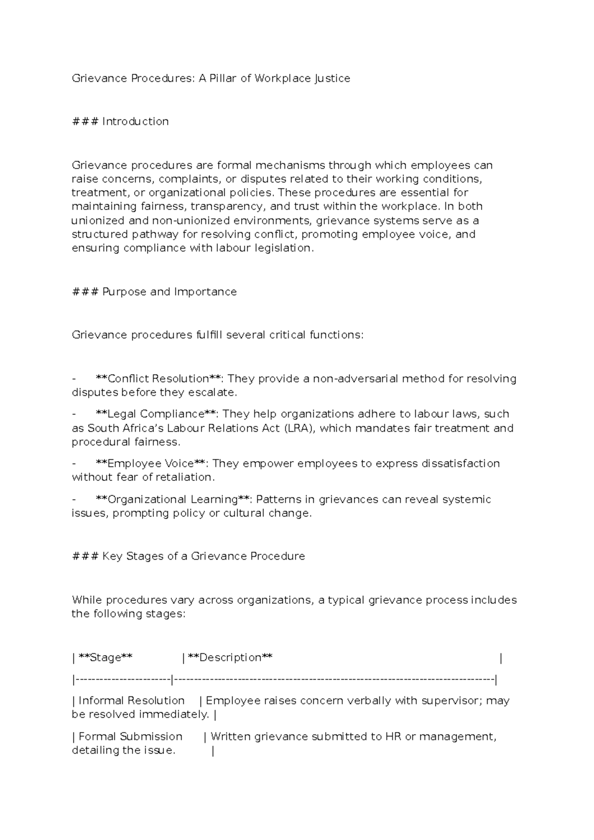 Grievance Procedures: A Key to Workplace Justice Essay - Studocu