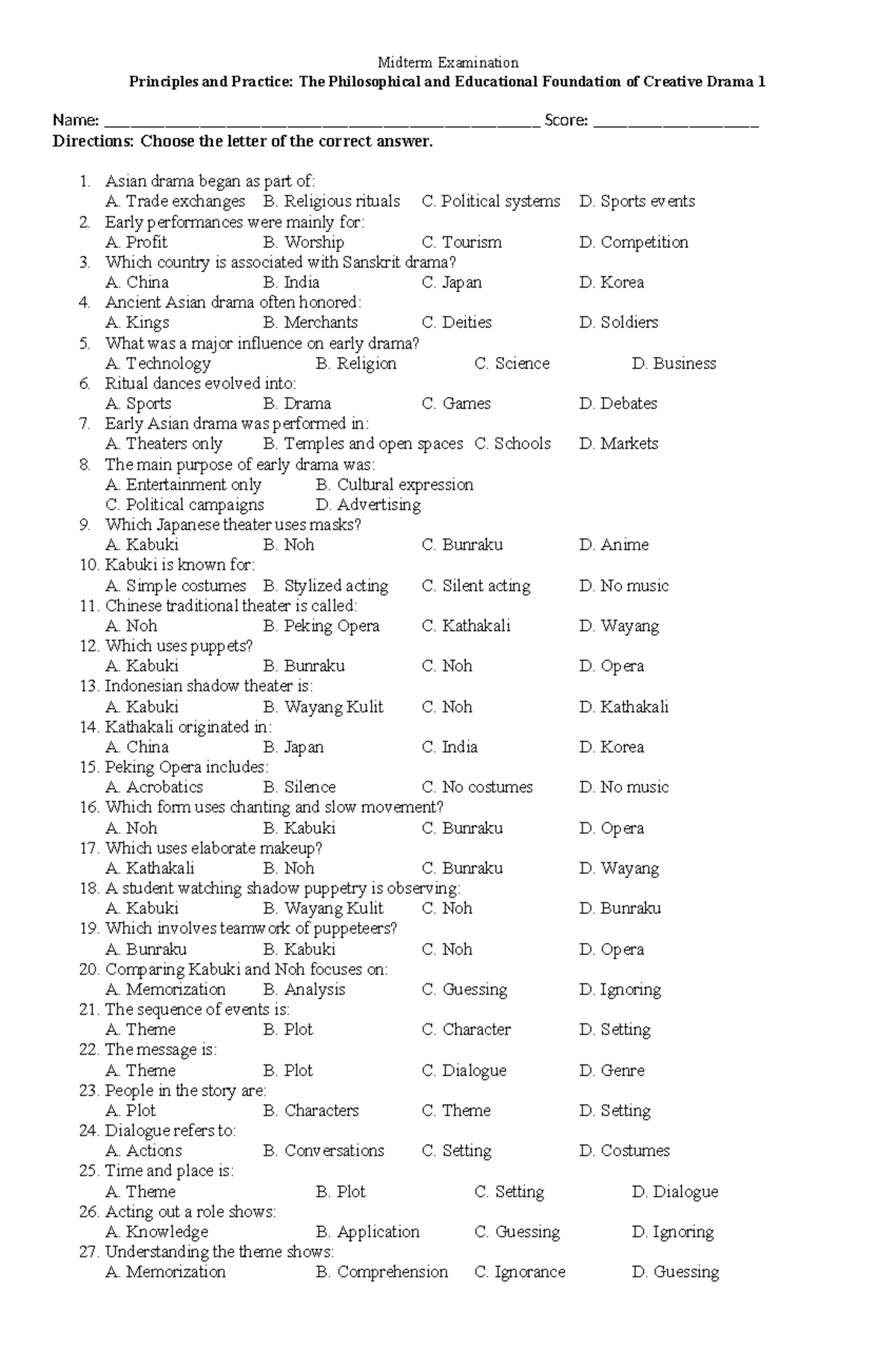 Midterm Exam: Principles of Creative Drama (Course Code: N/A) - Studocu
