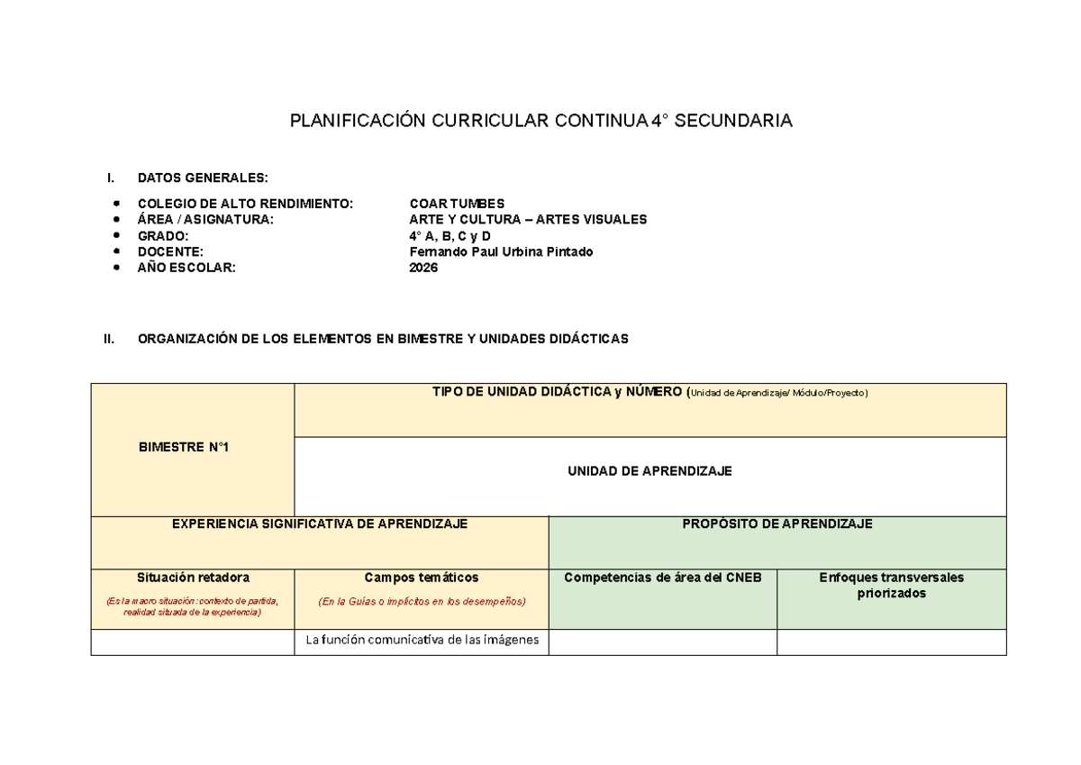 Planificación Curricular Continua 4° SEC. 2025 - Arte y Cultura - Studocu