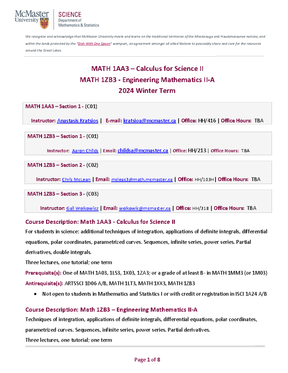 MATH 1AA3 & 1ZB3 W2024 - Course Overview and Learning Objectives - Studocu