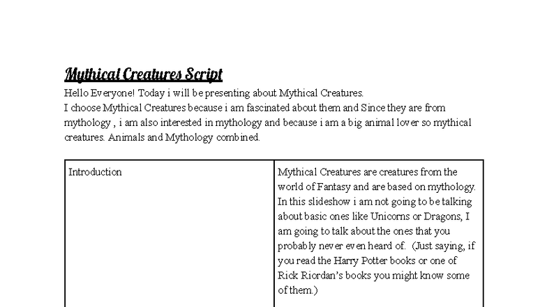 Mythical Creatures Presentation Script: Unveiling the Unknown - Studocu