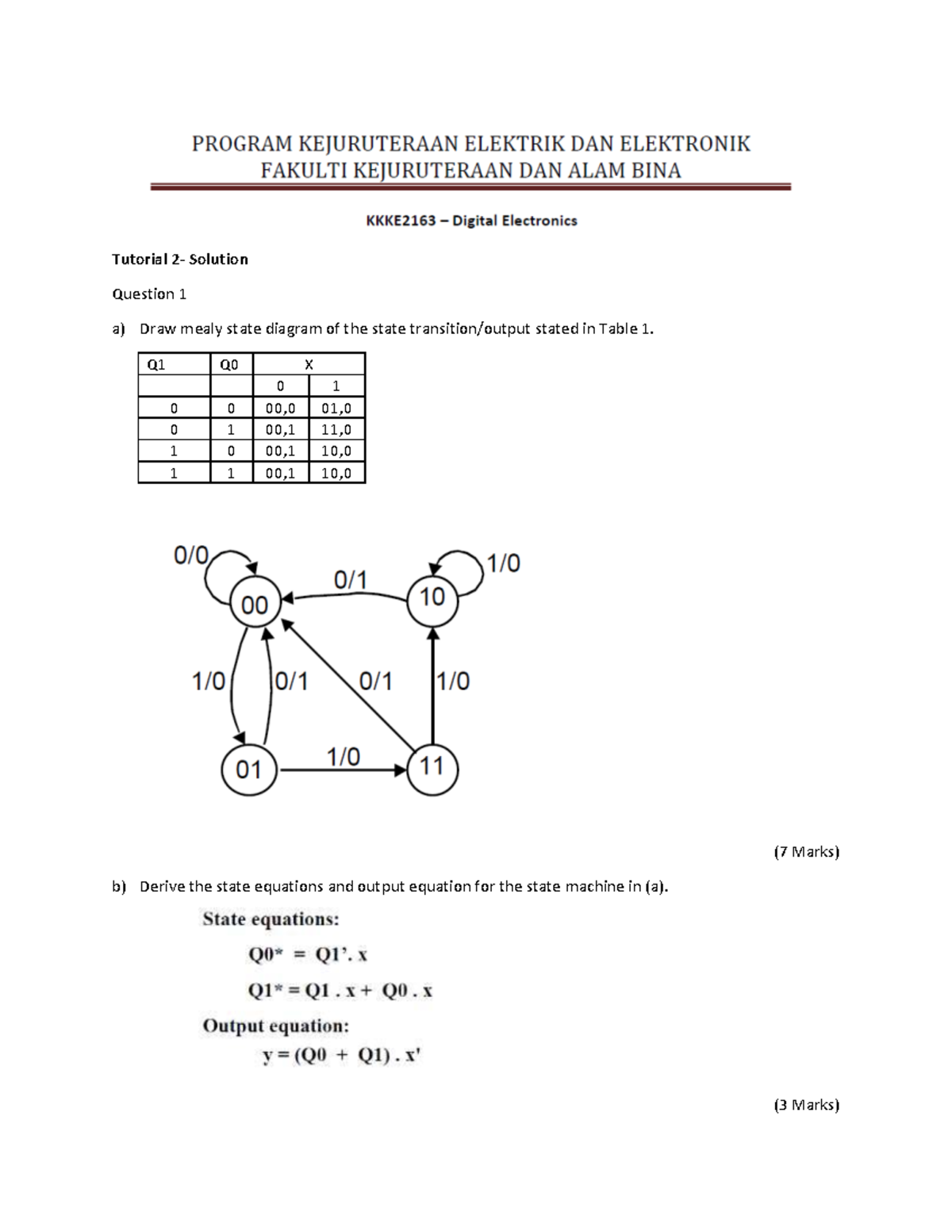 KKKE2163 Tutorial 2 Solutions: Mealy Diagram & State Equations - Studocu