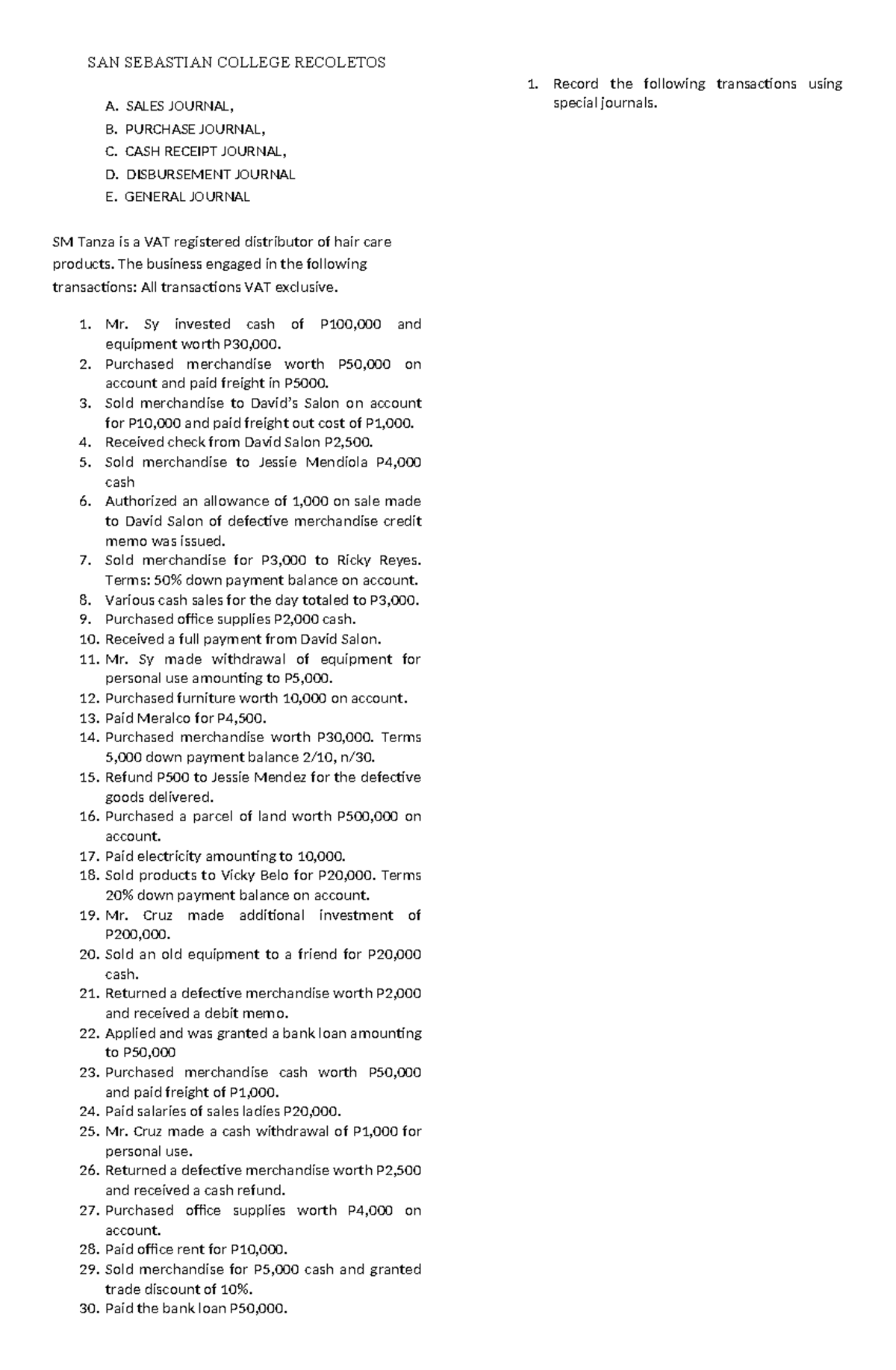 Special Journal Transactions - SAN SEBASTIAN COLLEGE RECOLETOS A. SALES ...