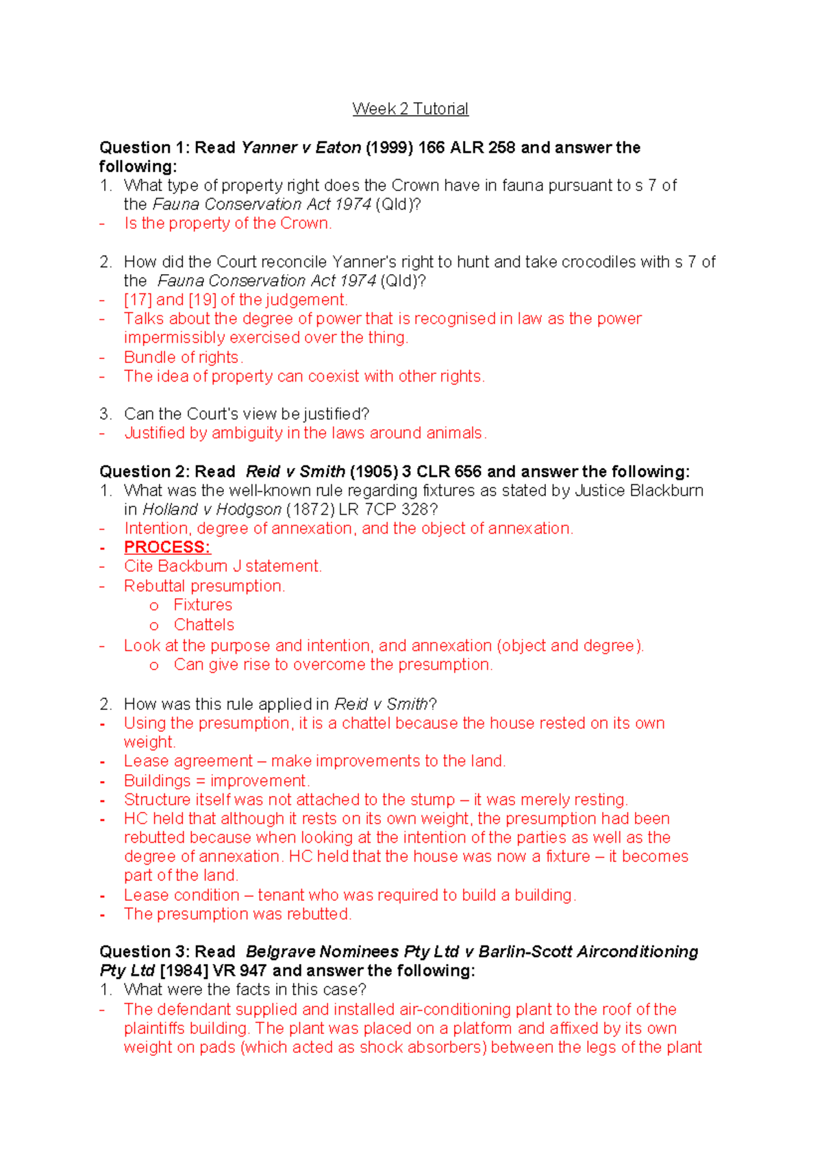 Week 2 Tutorial: Property Rights & Fixtures in Yanner v Eaton and Reid ...