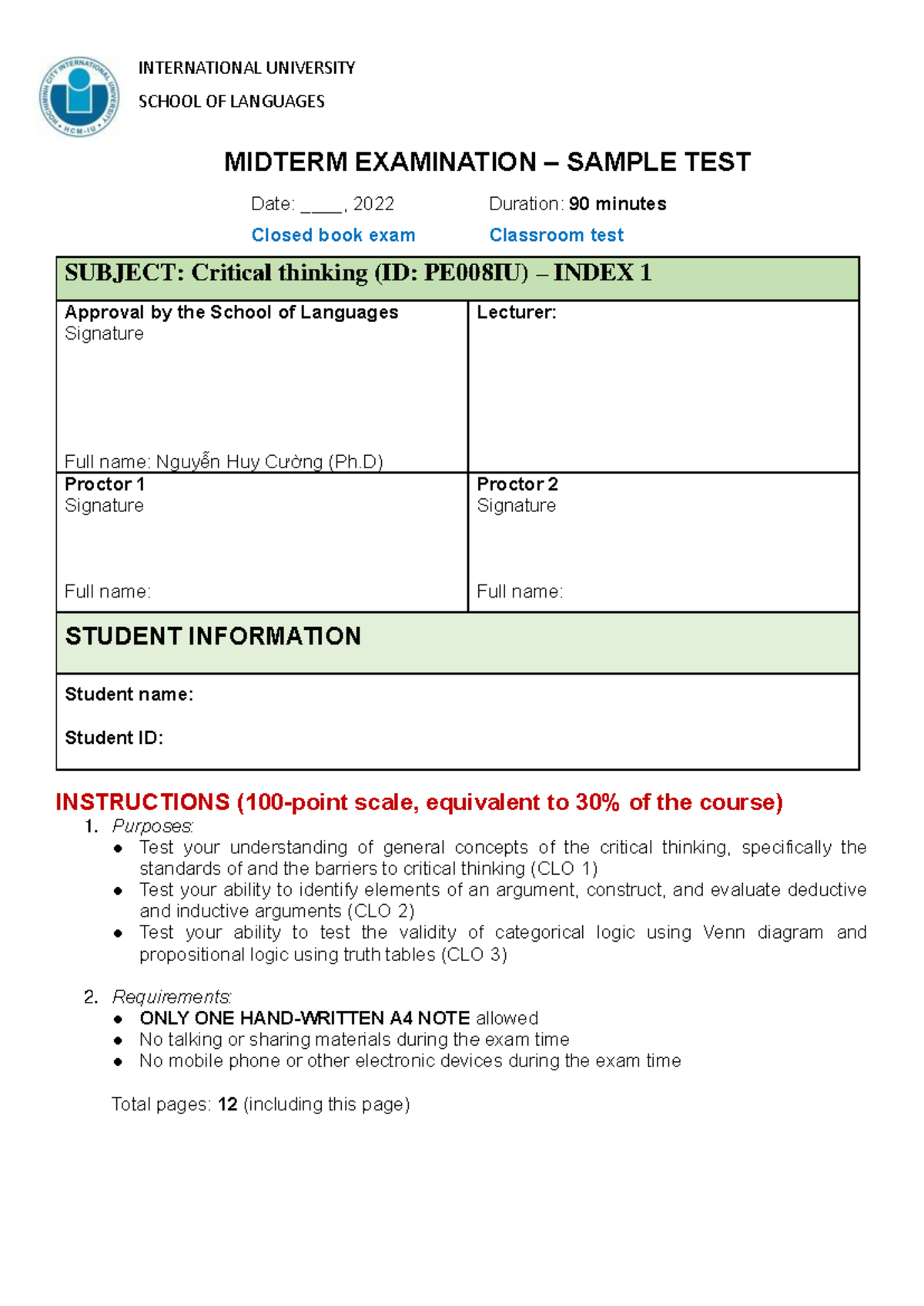 Critical Thinking Midterm Exam Sample Test (ID: PE008IU) - Studocu
