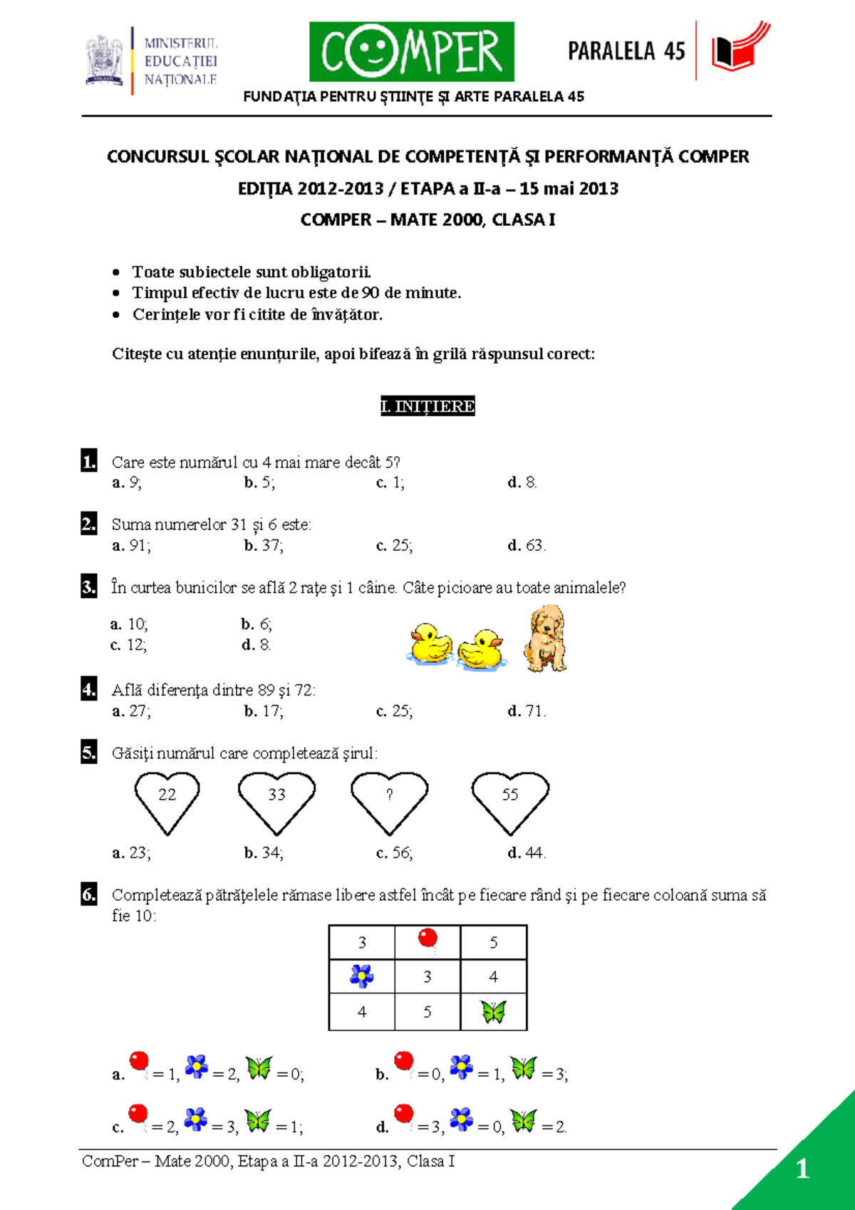 Subiecte Barem Comper Matematica Etapa I Clasa I 2012-2013 - Studocu