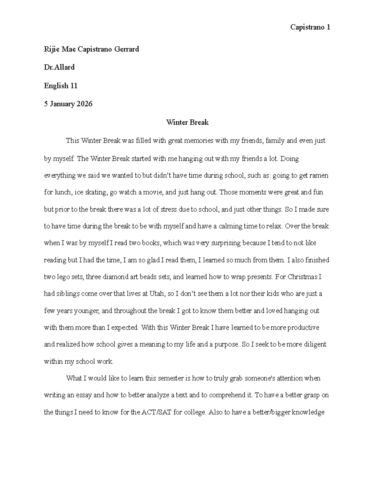 Winter Break Reflections - English 11 Essay Notes - Studocu