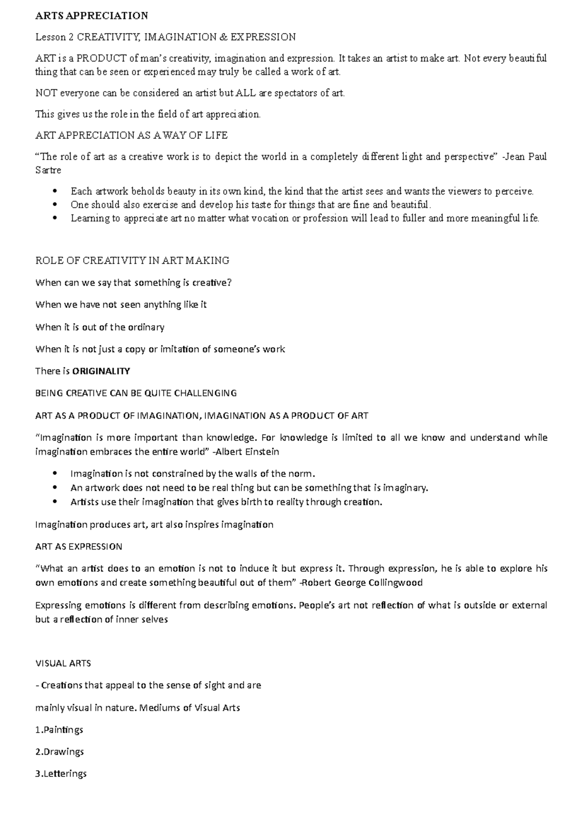 ARTS Appreciation - Lecture notes 1 - ARTS APPRECIATION Lesson 2 ...