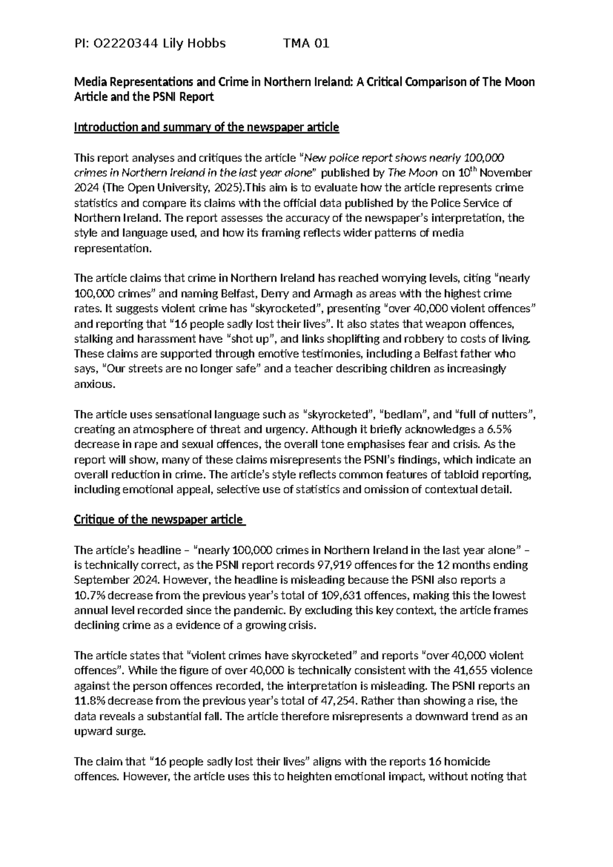 TMA 01 DD310: Media Representations of Crime in Northern Ireland - Studocu