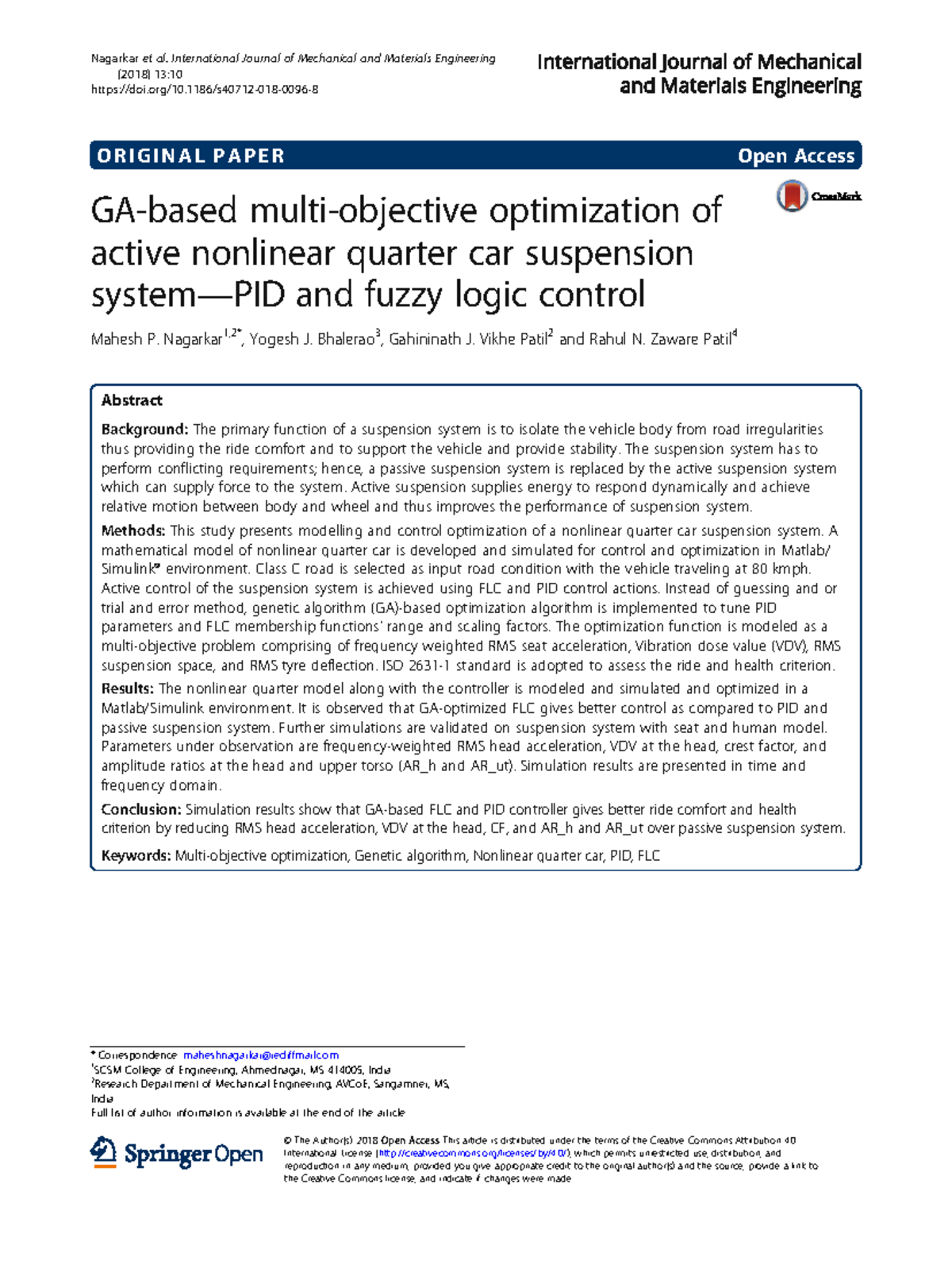 GA-Based Multi-Objective Optimization of Active Nonlinear Quarter Car ...