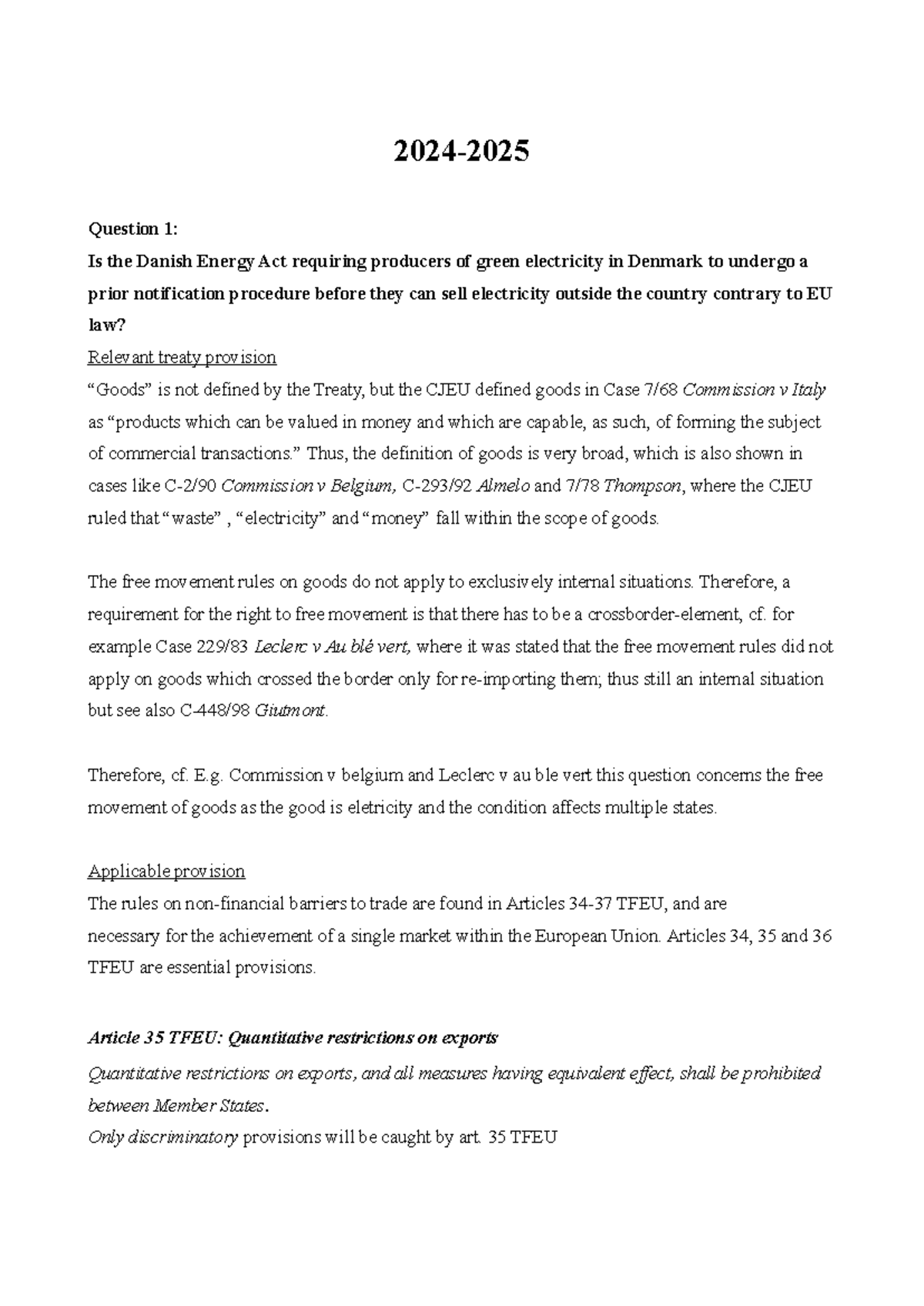 EU Law Analysis: Danish Energy Act & Free Movement of Goods (2024-2025 ...