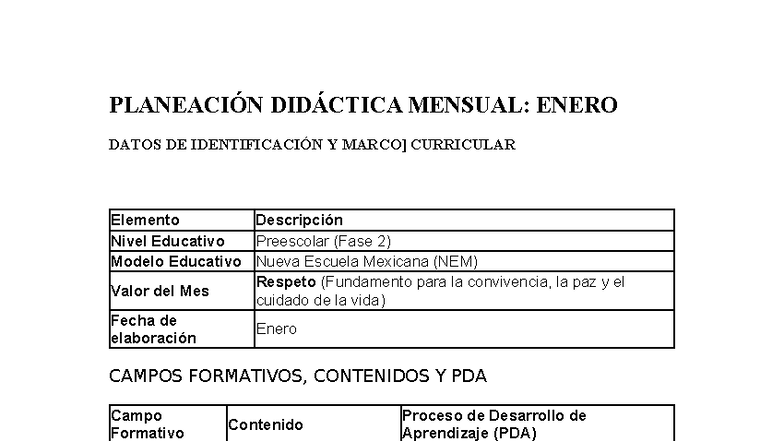 Planeación Didáctica Mensual: Enero en Preescolar (NEM) - Studocu