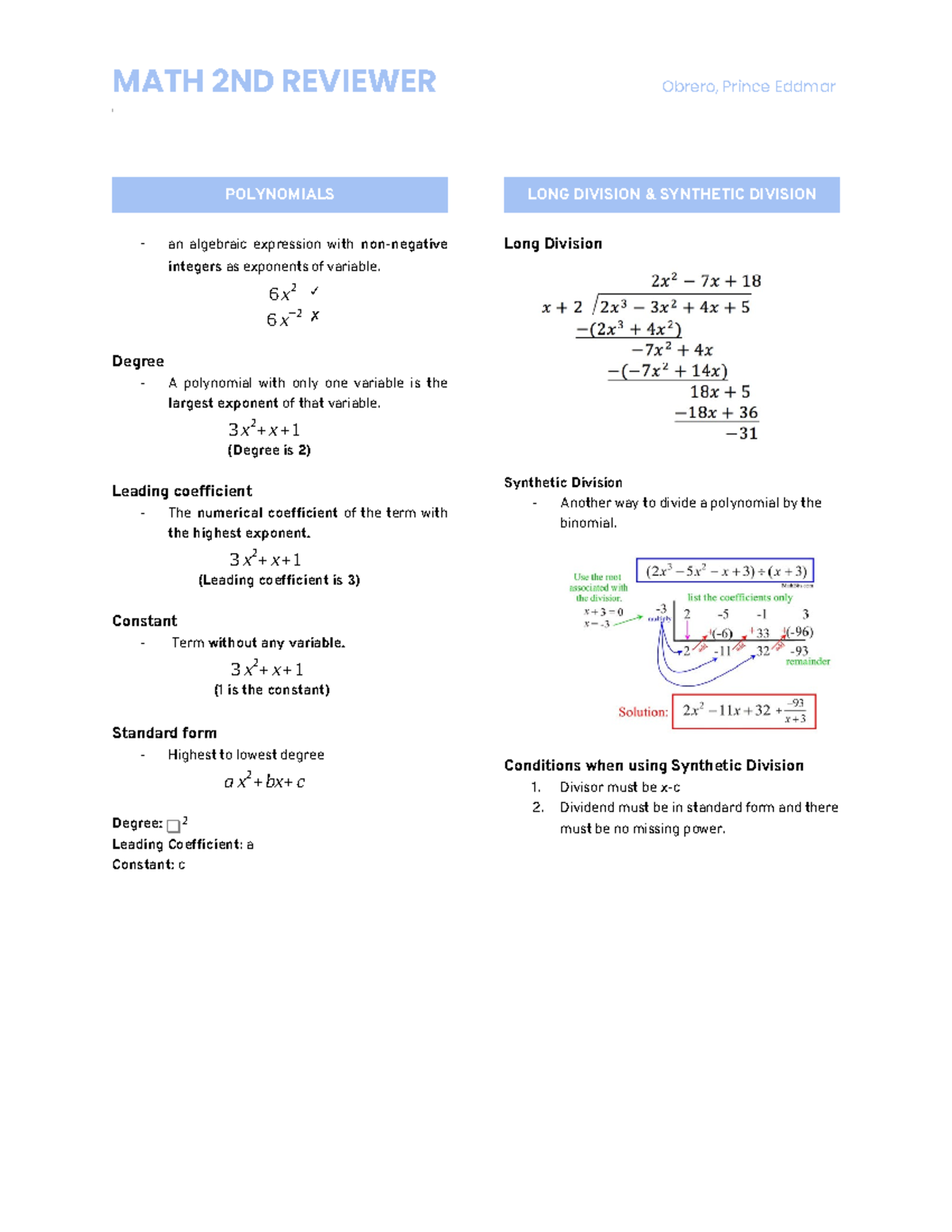 MATH 2ND Quarter Reviewer: Polynomials and Division Techniques - Studocu