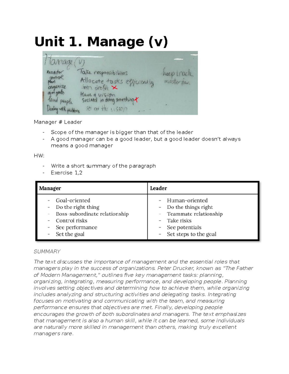 Unit 1 - Unit 1: Manage - Unit 1. Manage (v) Manager # Leader - Scope ...