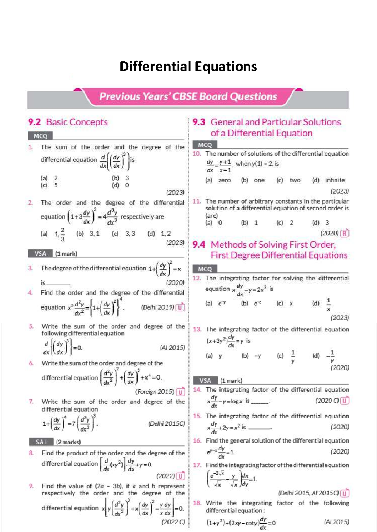 Chapter 9: Differential Equations - Previous CBSE Board Questions and ...