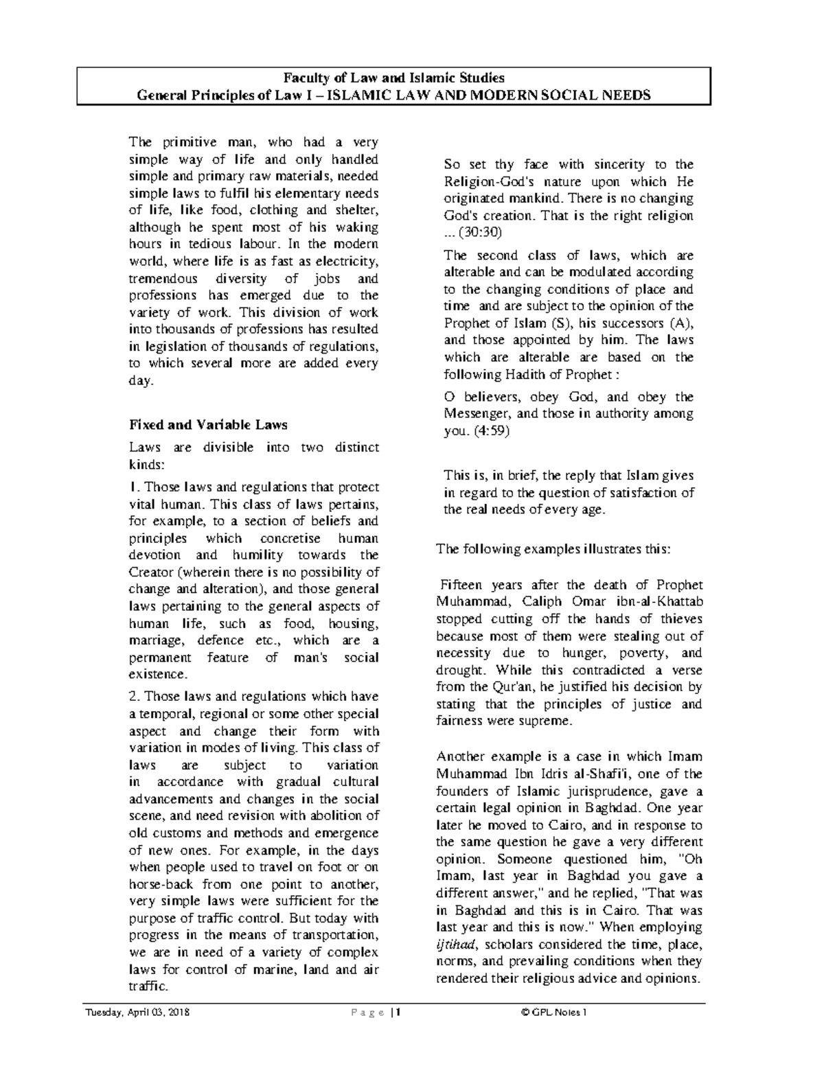 General Principles of Law I: Islamic Law & Modern Needs - Studocu