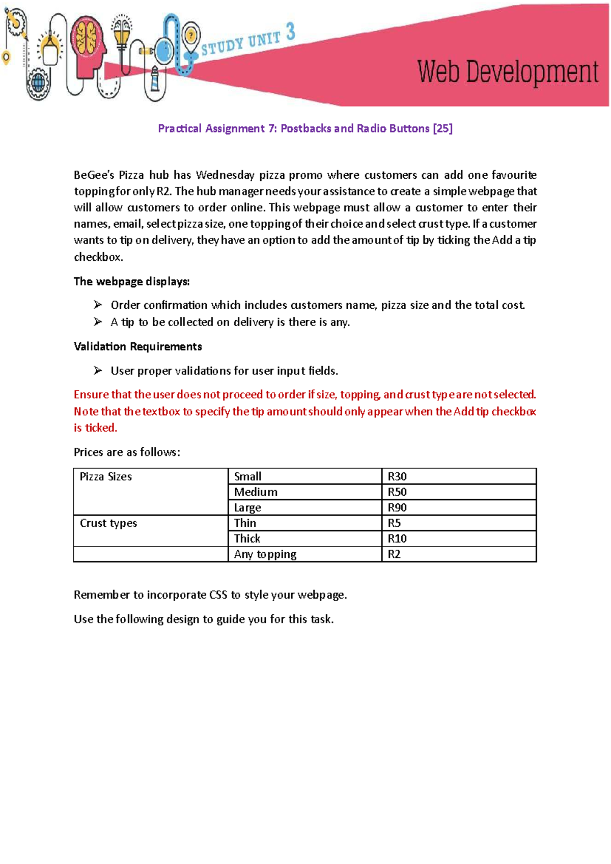 Practical assignment 7: Creating a pizza order webpage for Study Unit 2 ...