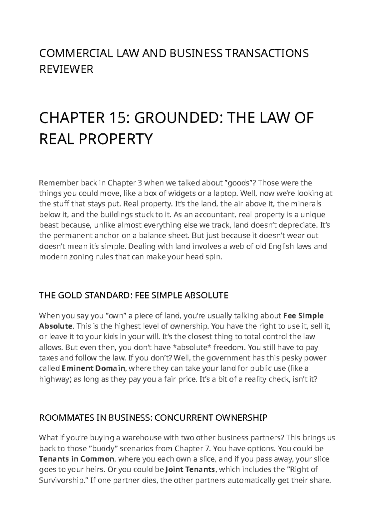 COMMERCIAL LAW AND BUSINESS TRANSACTIONS REVIEWER CH 15: REAL PROPERTY ...