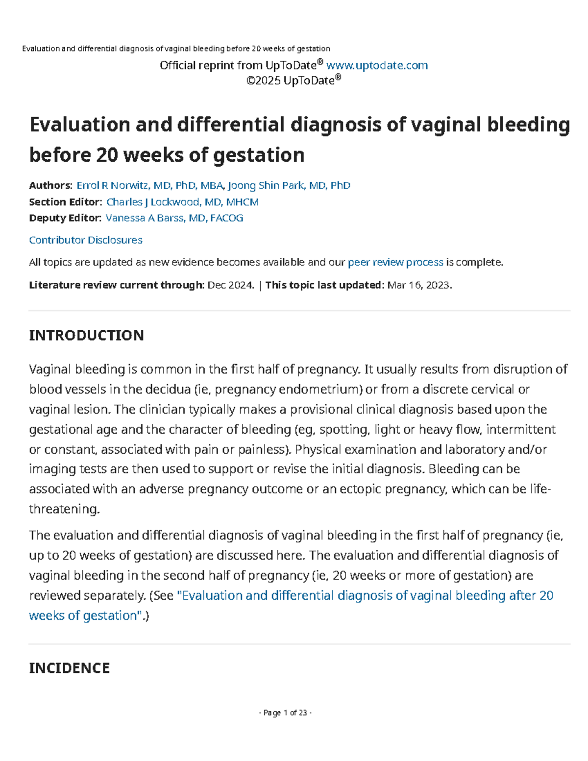 Evaluation and Differential Diagnosis of Vaginal Bleeding in Early ...
