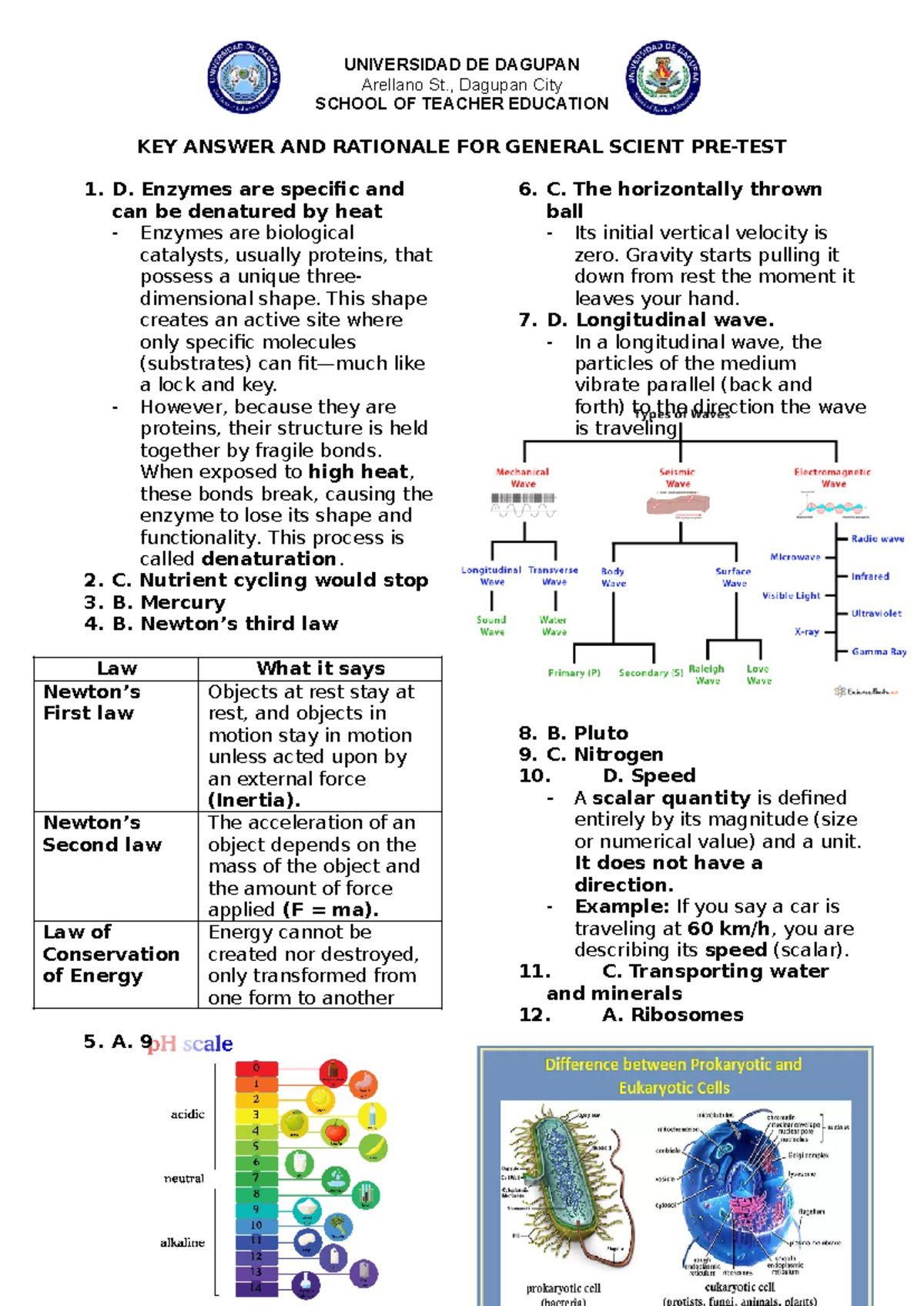 General Science 1 PRE-TEST KEY with Answers and Rationale - Studocu