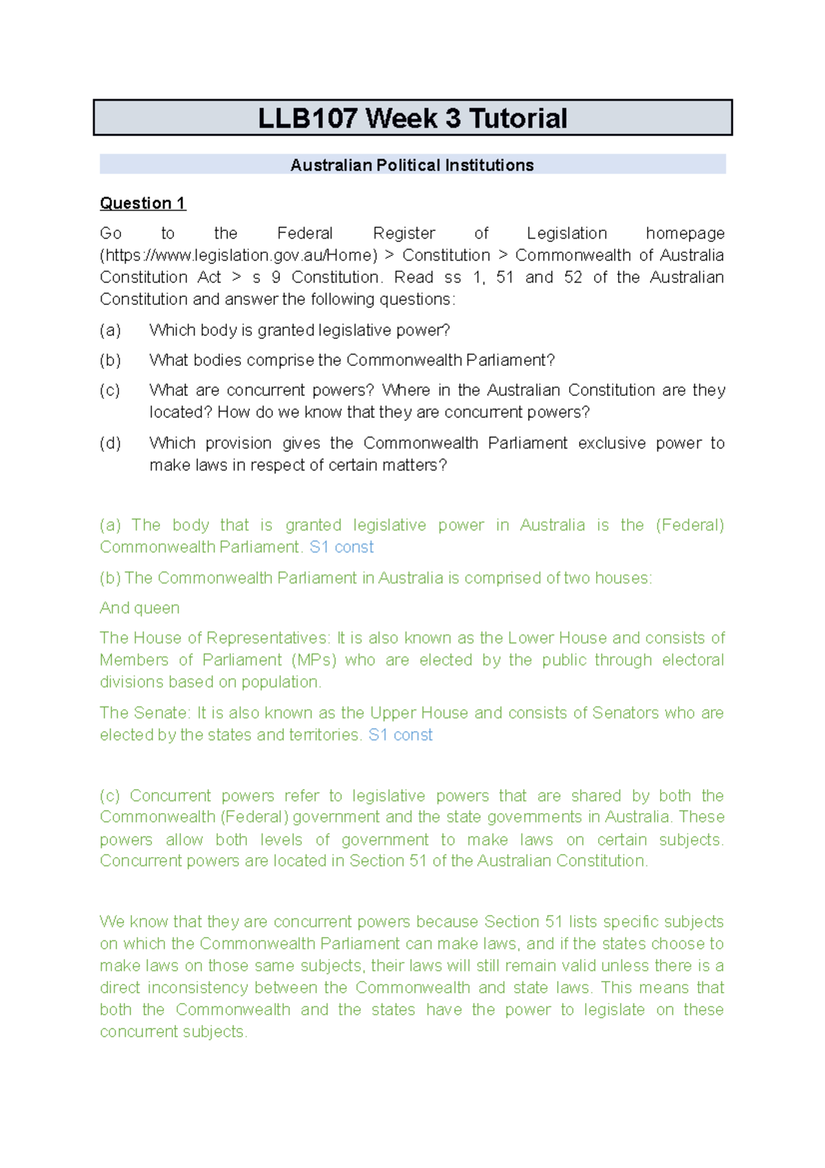 LLB107 Week 3 Tutorial 2 Australian Political Institutions - LLB107 ...