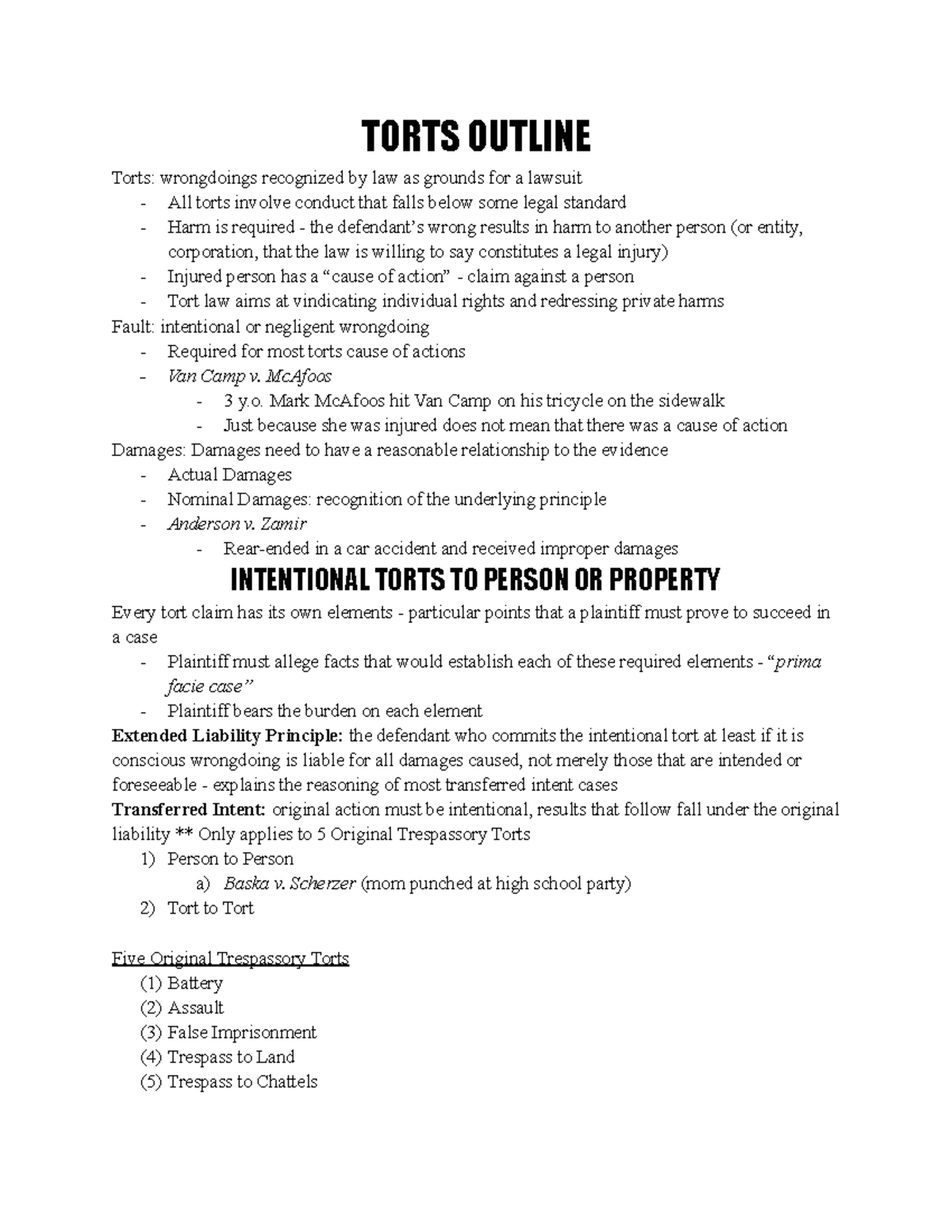 Torts Midterm Outline - Key Concepts and Case Summaries - Fall 2024 - Studocu