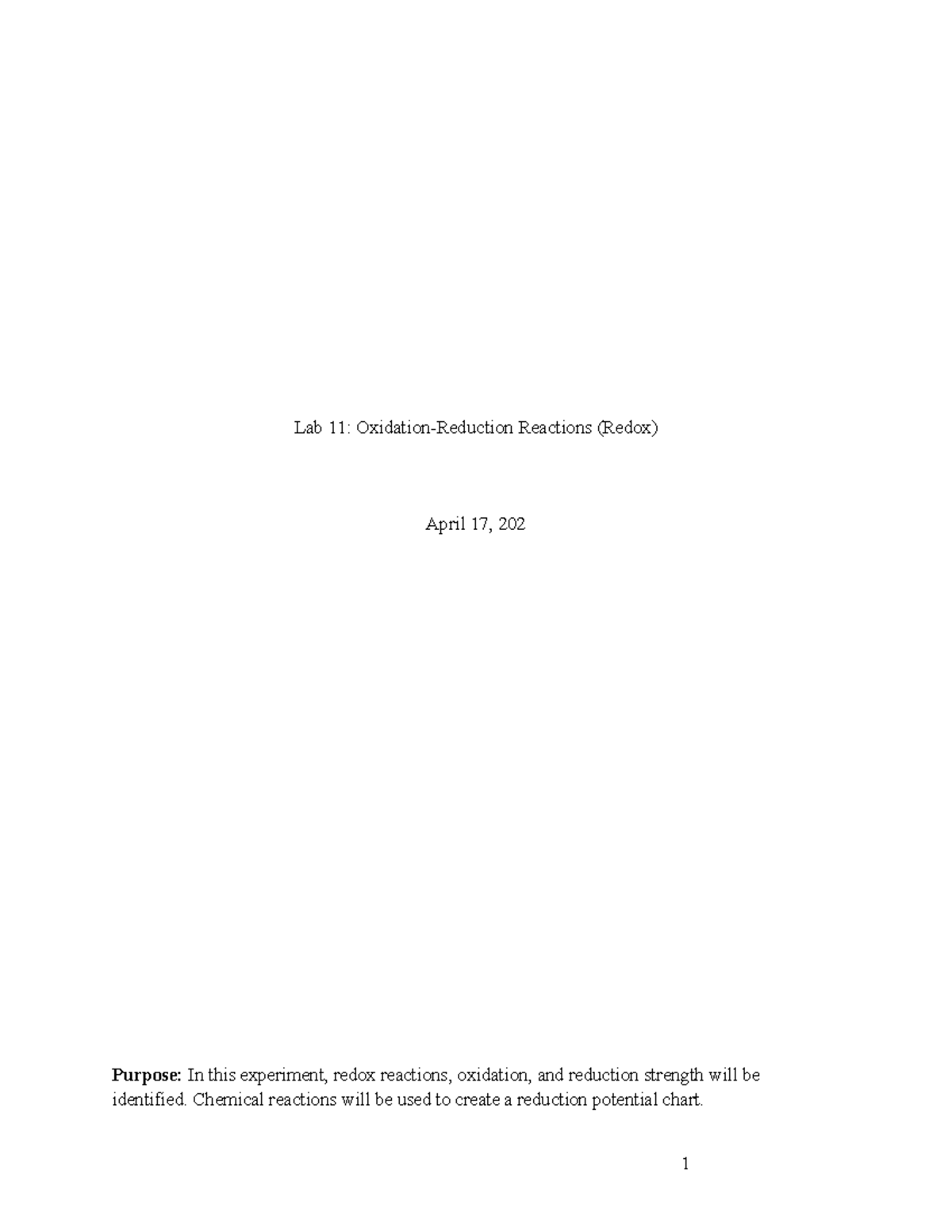 Lab 11: Exploring Oxidation-Reduction (Redox) Reactions Analysis - Studocu