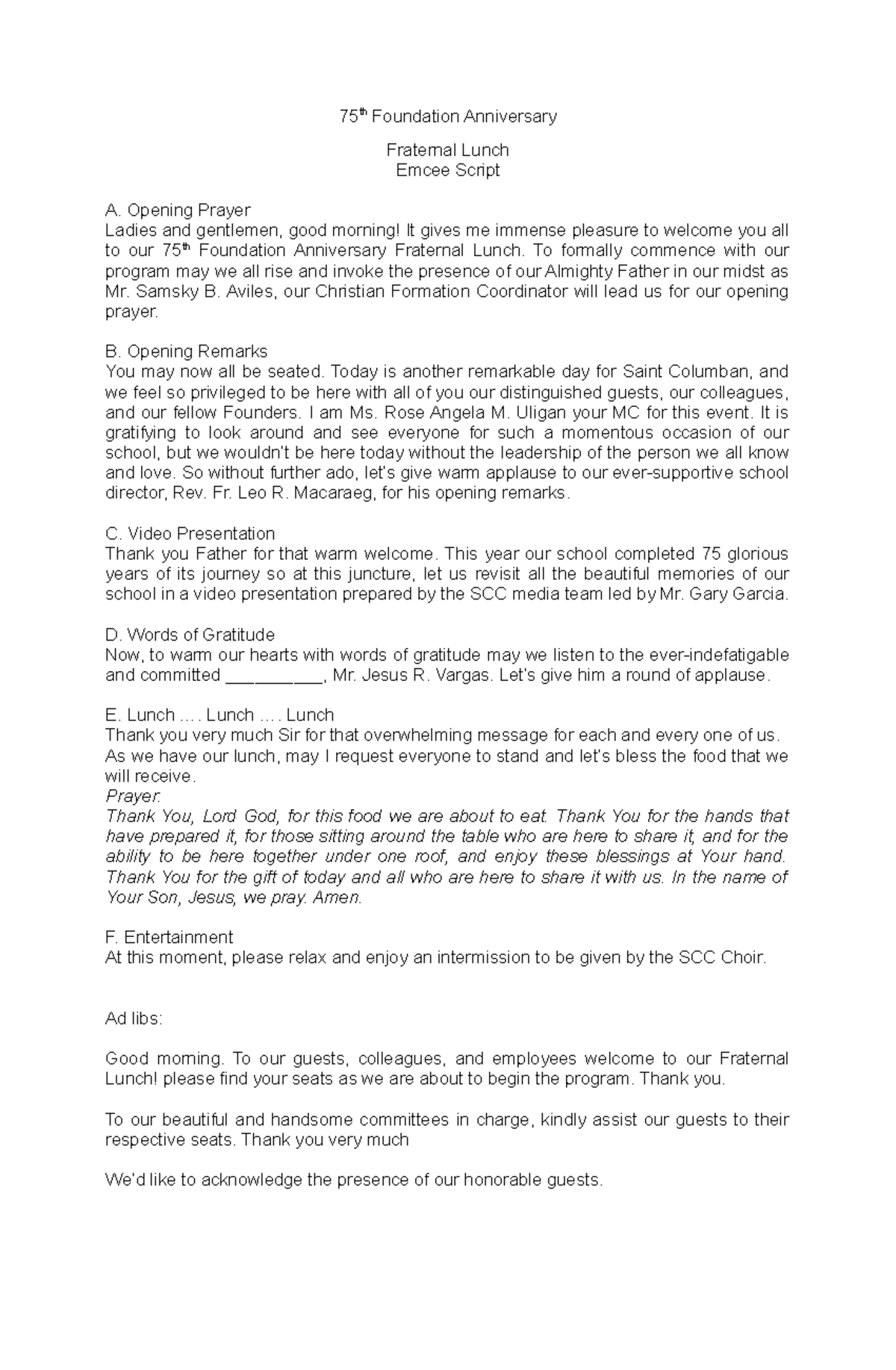 Fraternal Lunch Emcee Script for 75th Foundation Anniversary - Studocu