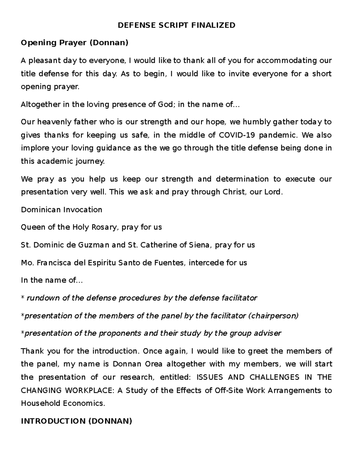 Defensive Script for Research Title Defense: Off-Site Work Effects ...