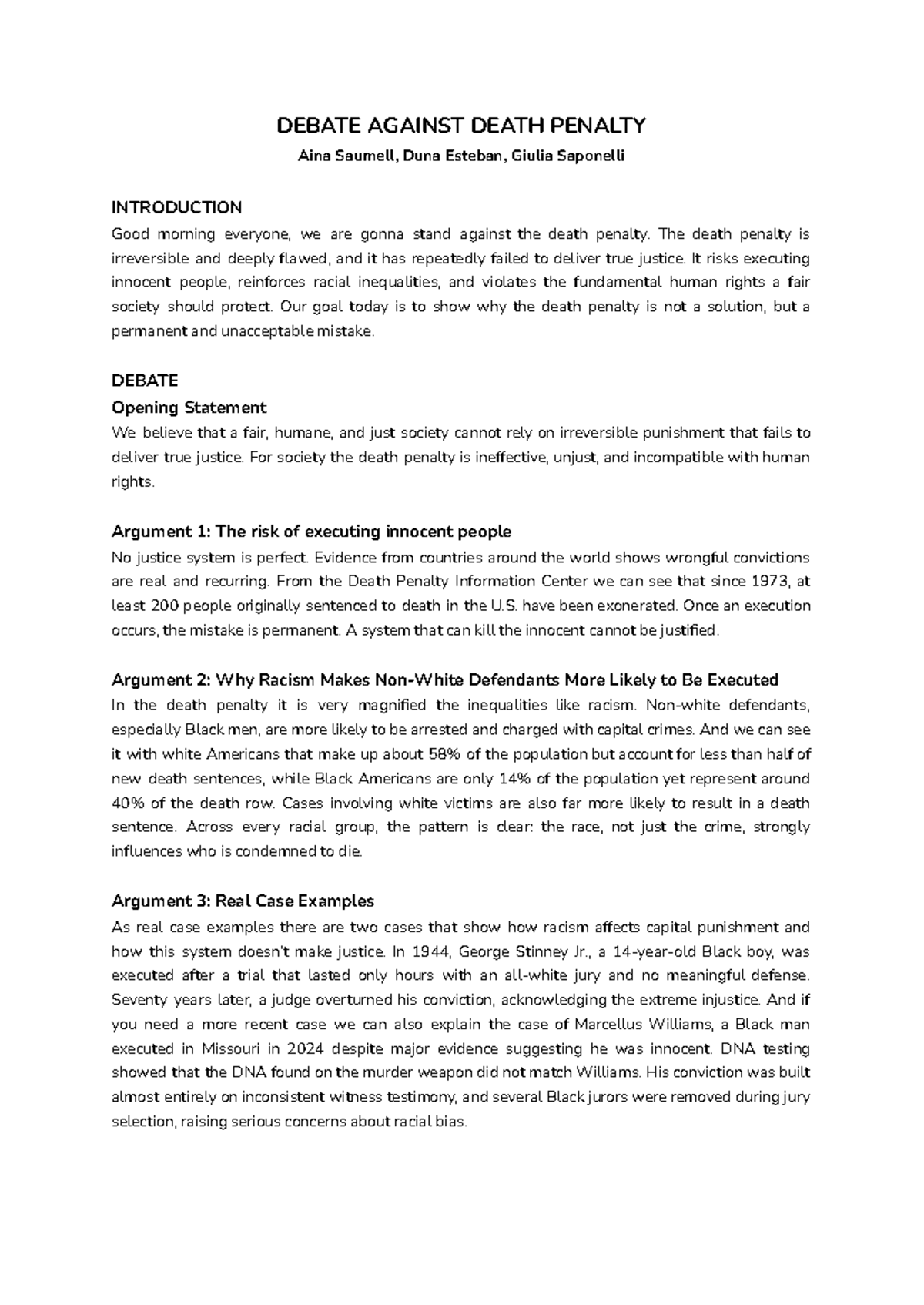 DEBATE AGAINST DEATH PENALTY - Class Exercise Notes - Studocu