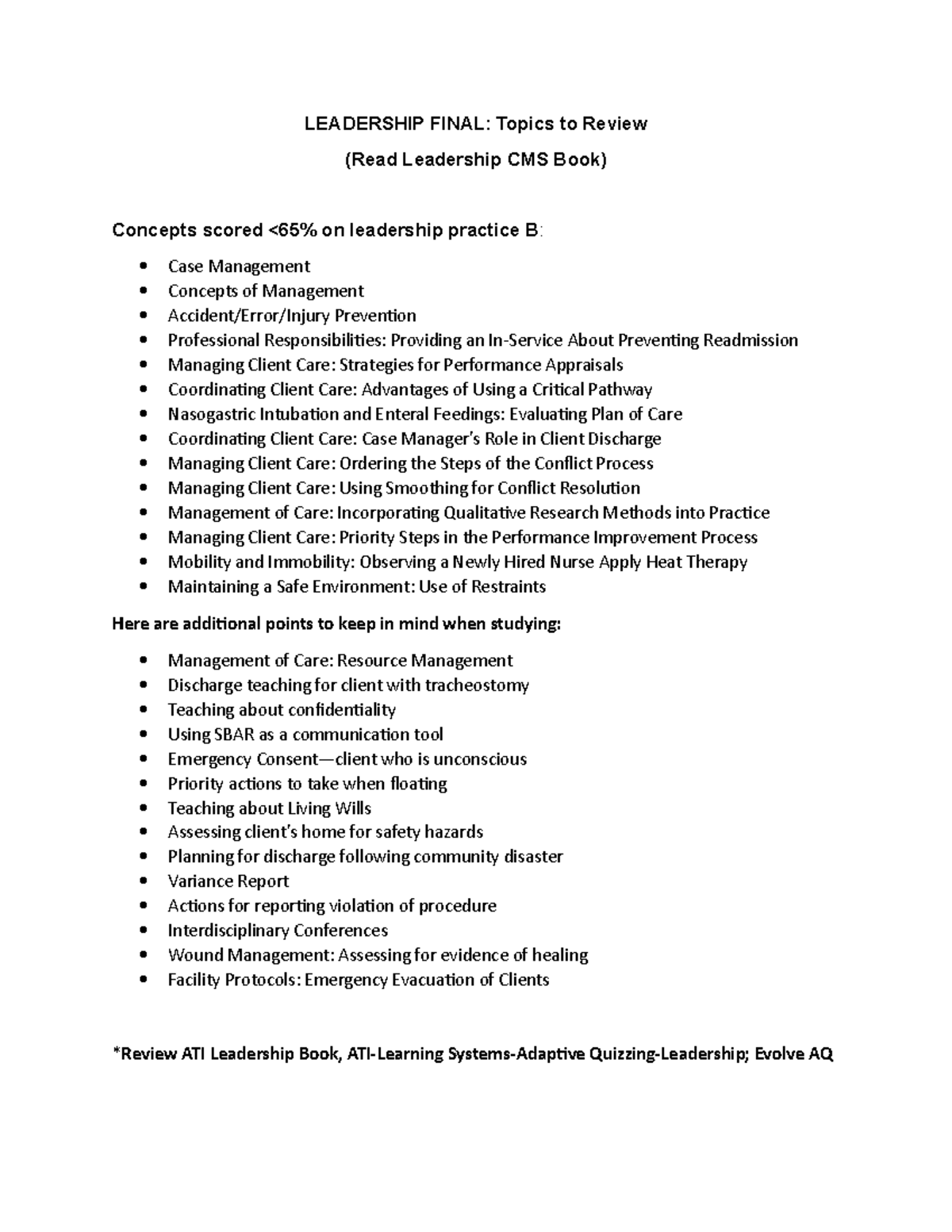 Leadership Final Review - LEADERSHIP FINAL: Topics to Review (Read ...
