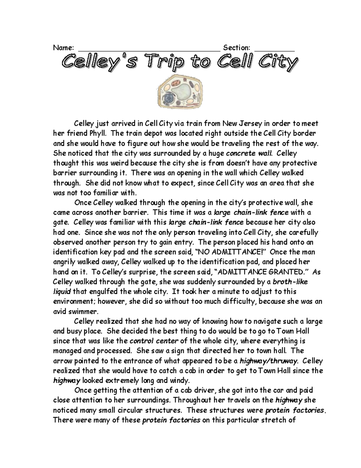 Celley’s Trip to Cell City: A Journey Through Cellular Structures - Studocu