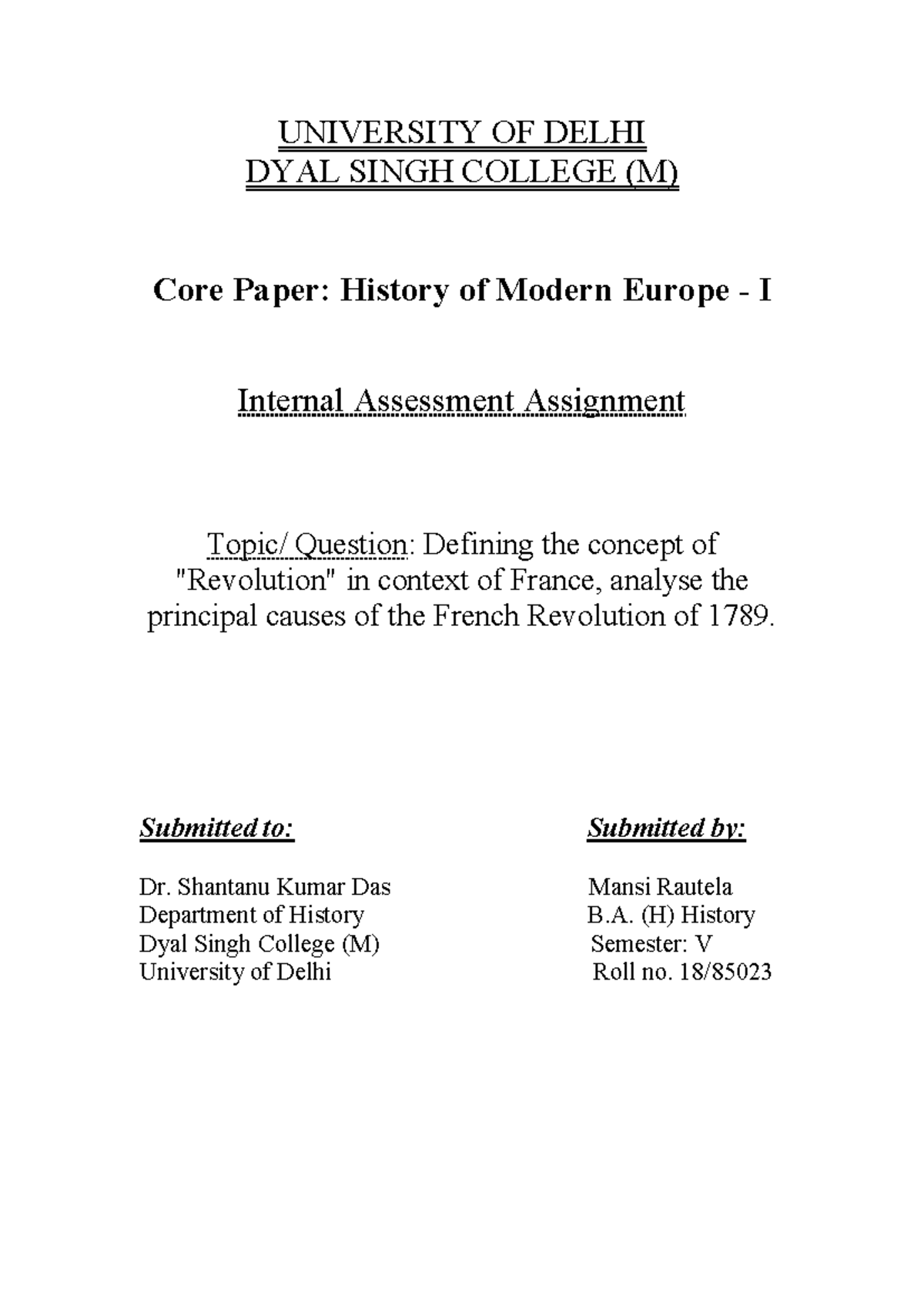 HIS 101: Causes of the French Revolution (1789) - Internal Assessment ...