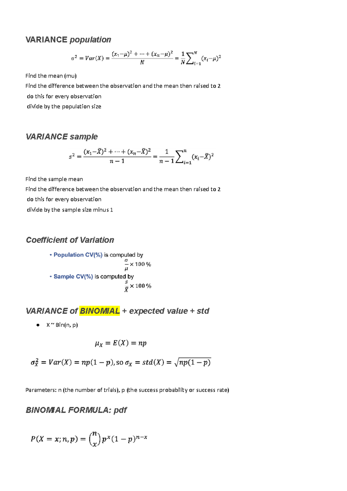 Business Statistics - Variance, Binomial, and Probability Formulas ...