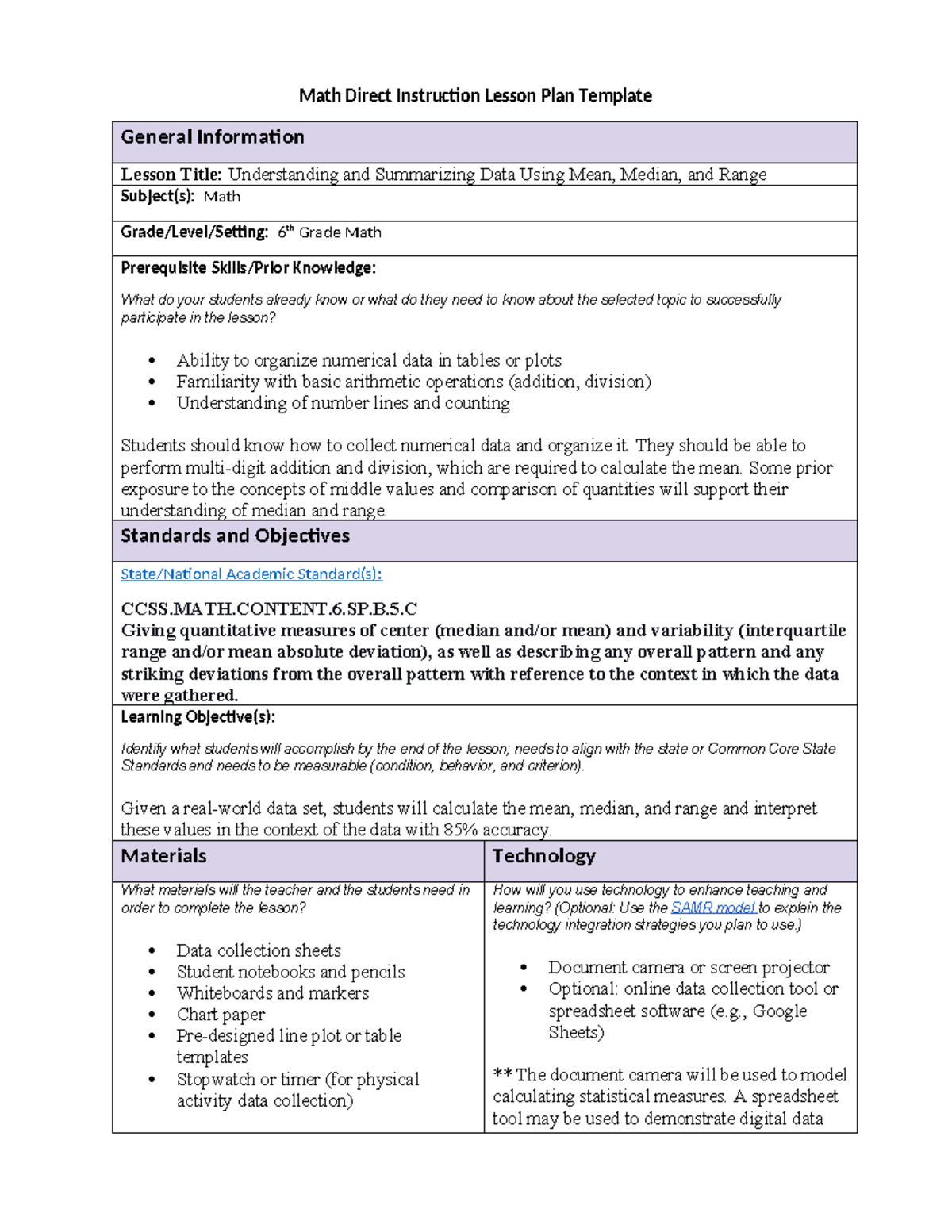 BMM3 Lesson Plan: Understanding Data - Mean, Median, & Range - Studocu