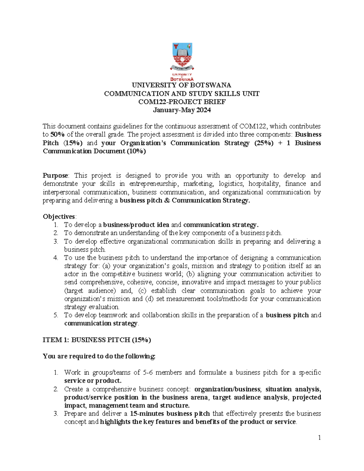 COM122 Final Project Brief: Business Pitch, Strategy & Comm Doc - Studocu