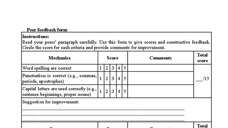 Peer Feedback Form Instructions for Writing Skills Assessment - Studocu