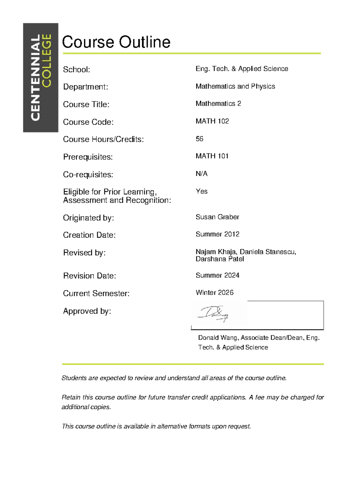Course Outline: MATH 102 - Mathematics 2 for Winter 2026 - Studocu