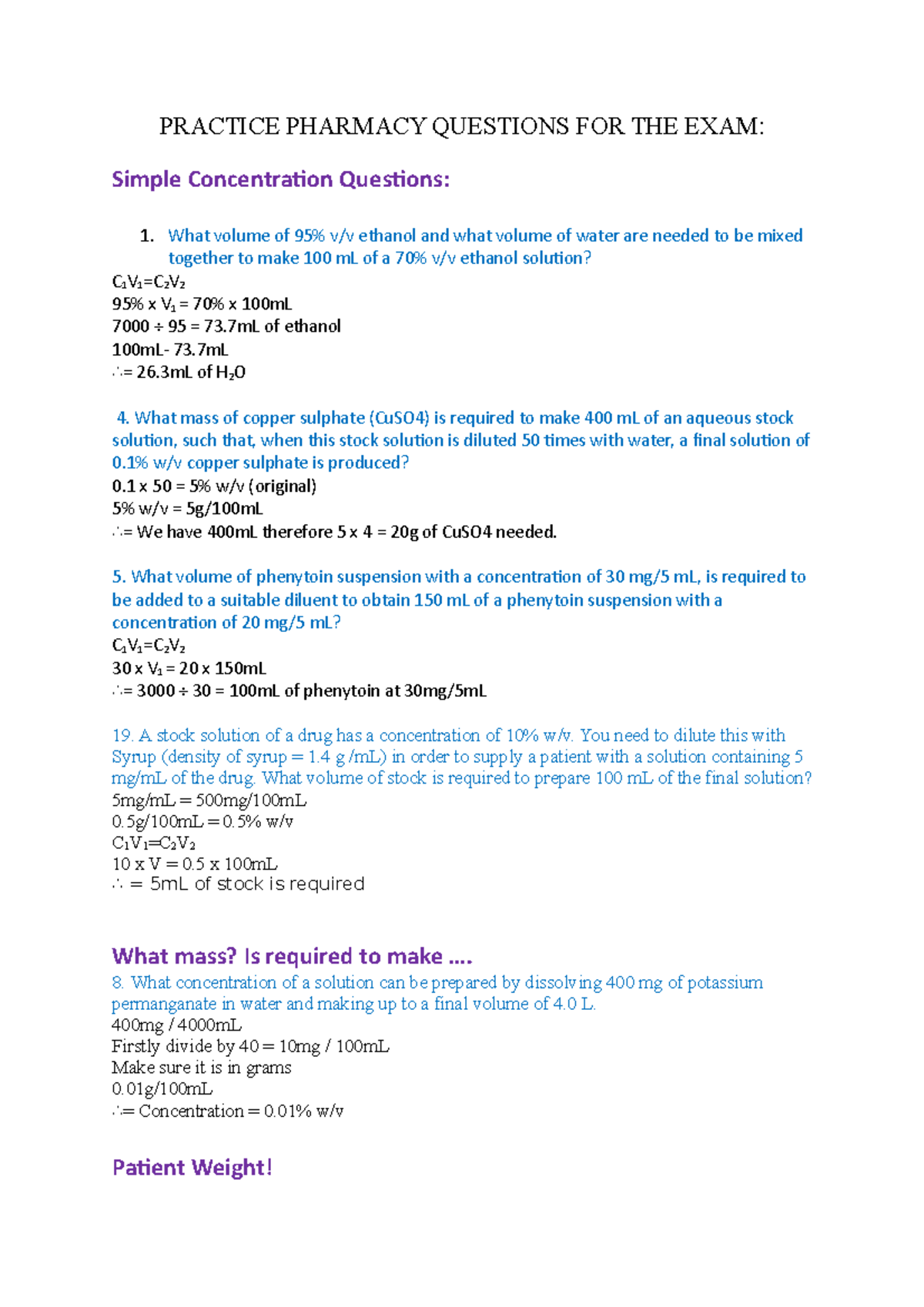 Worked Example Pharmacy Questions - PRACTICE PHARMACY QUESTIONS FOR THE ...