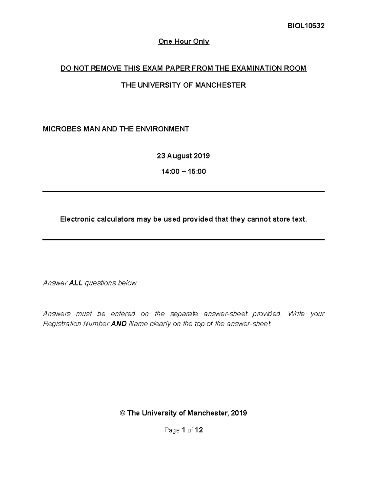 BIOL10532 Resit Exam Paper: Microbes, Man & Environment 2019 - Studocu
