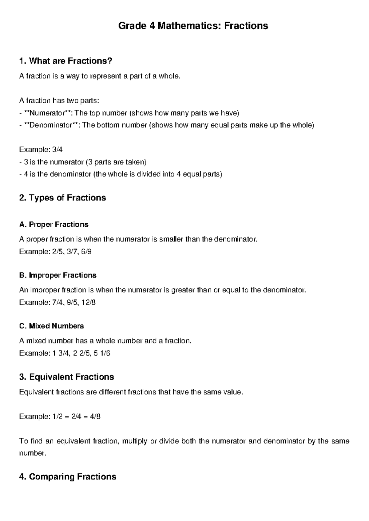 Grade 4 Math: Understanding Fractions and Their Types - Studocu