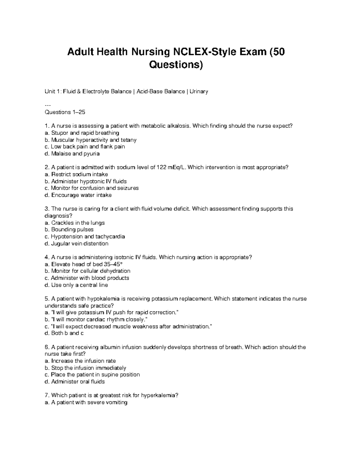 Adult Health Nursing NCLEX Exam (50 Questions) - Fluid & Electrolyte ...